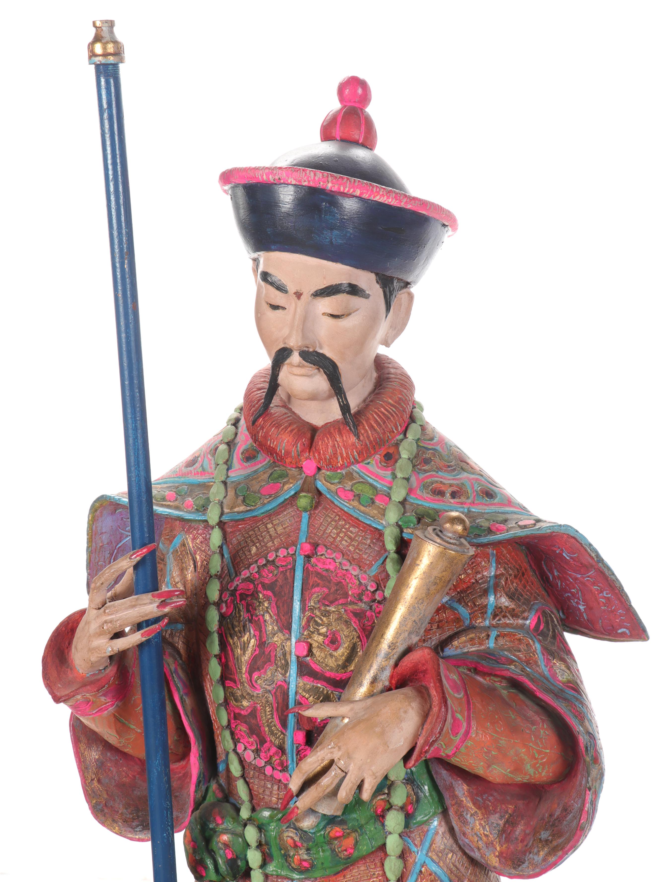 Large-Scale Polychromed Wooden Figure of "Fu Manchu" with Scroll | EBTH