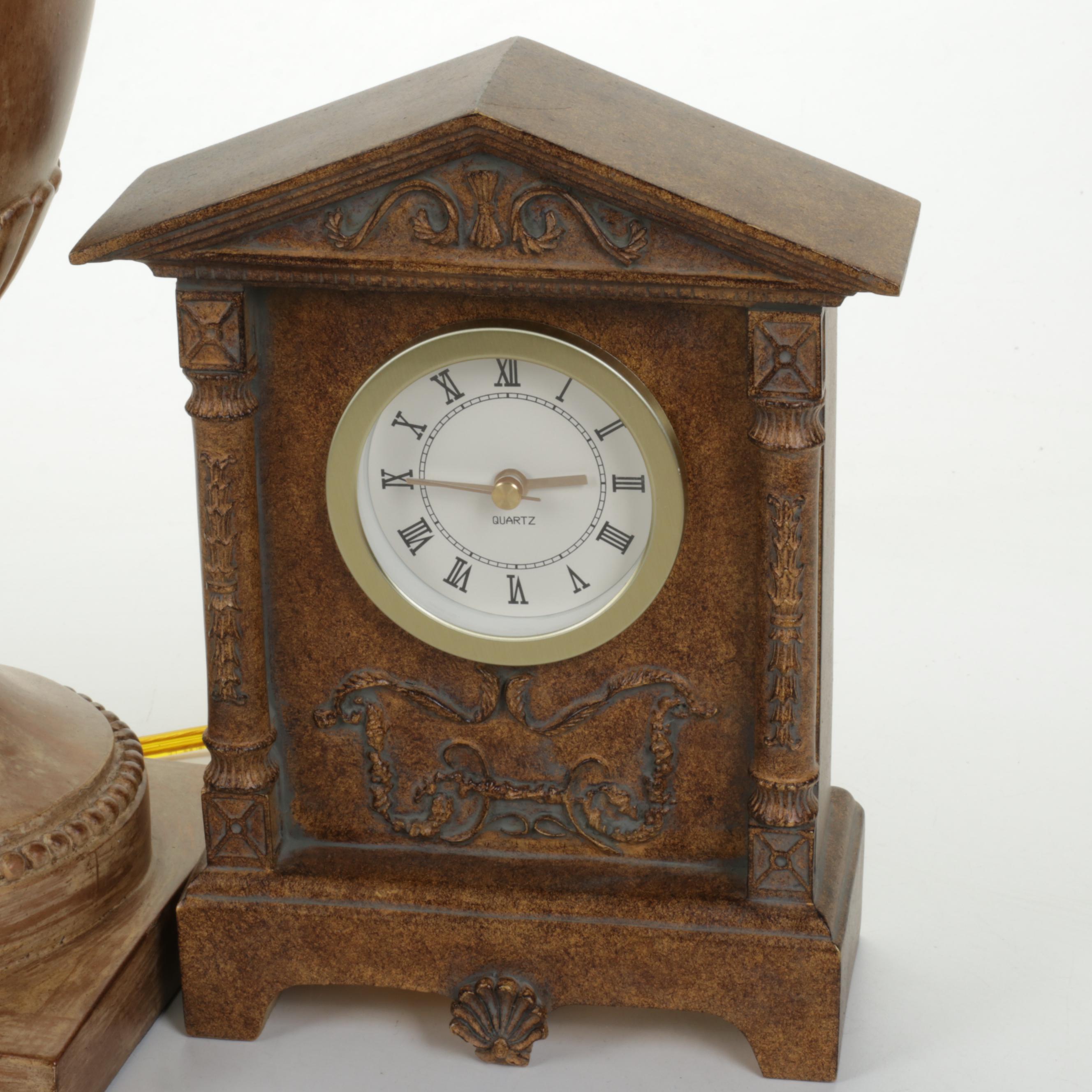Brass Colored "The Thinker" Bookends With Table Lamp, Mantel Clock and ...