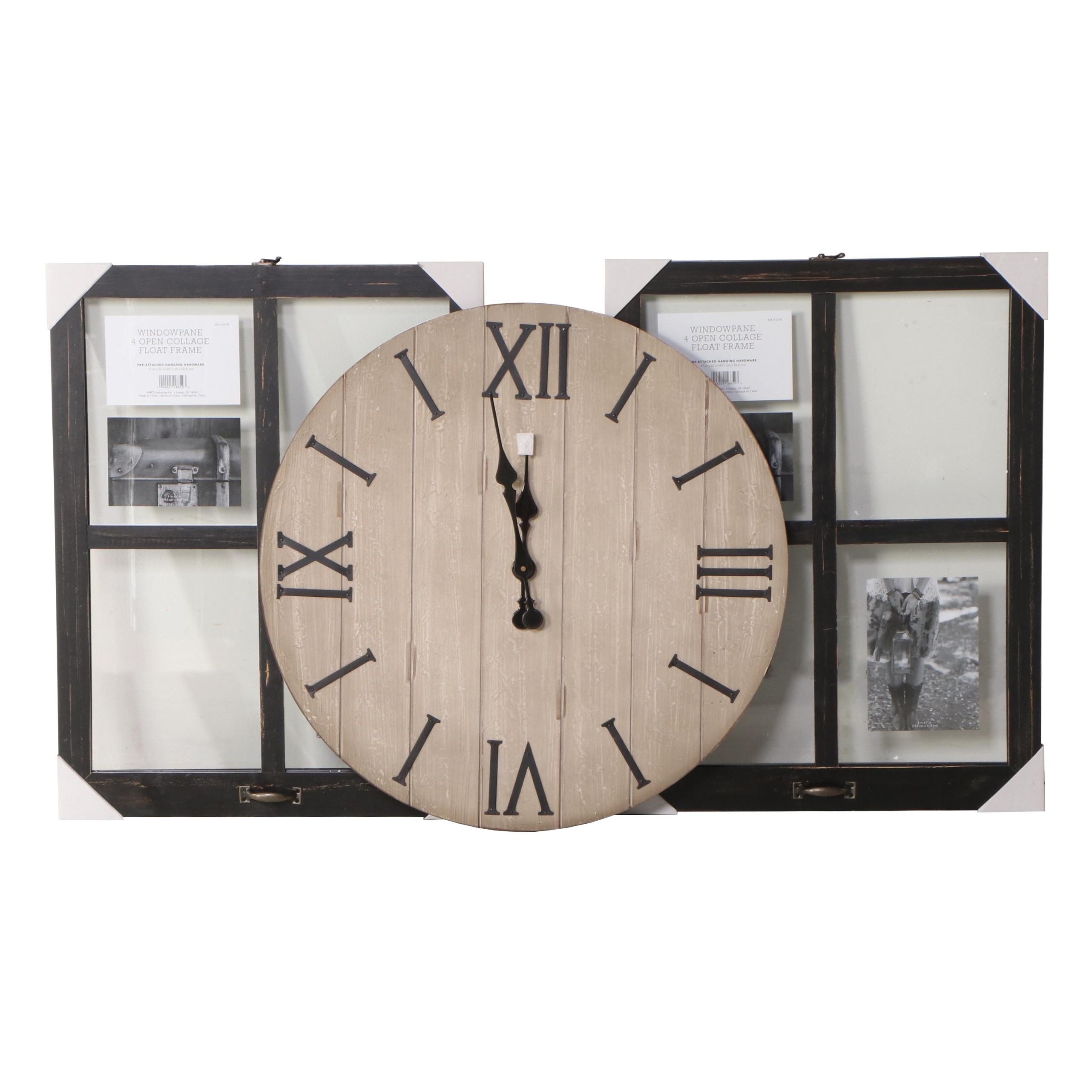 Threshold 24" Rustic Wood Finish Wall Clock and Two Windowpane Collage ...
