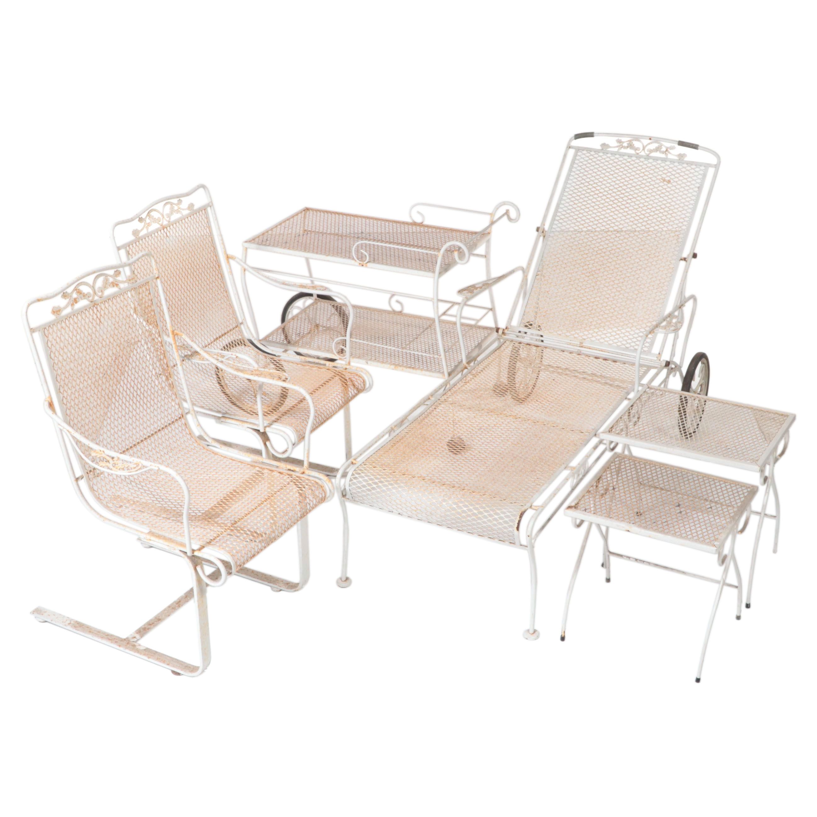 Iron Mesh Six-Piece Patio Chaise, Cart, Armchairs and Nested Tables | EBTH