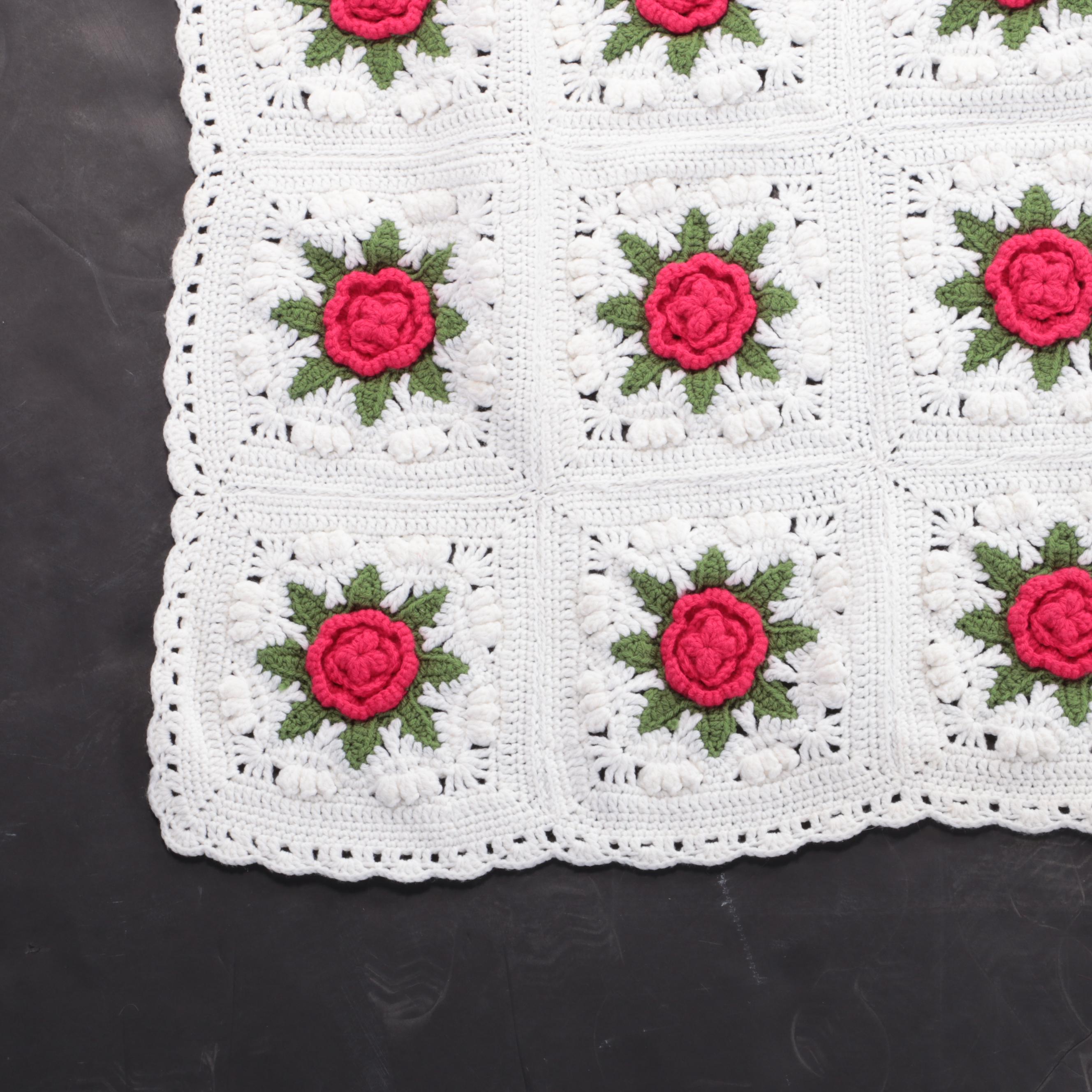 Hand Crocheted Rose Granny Square Afghan | EBTH