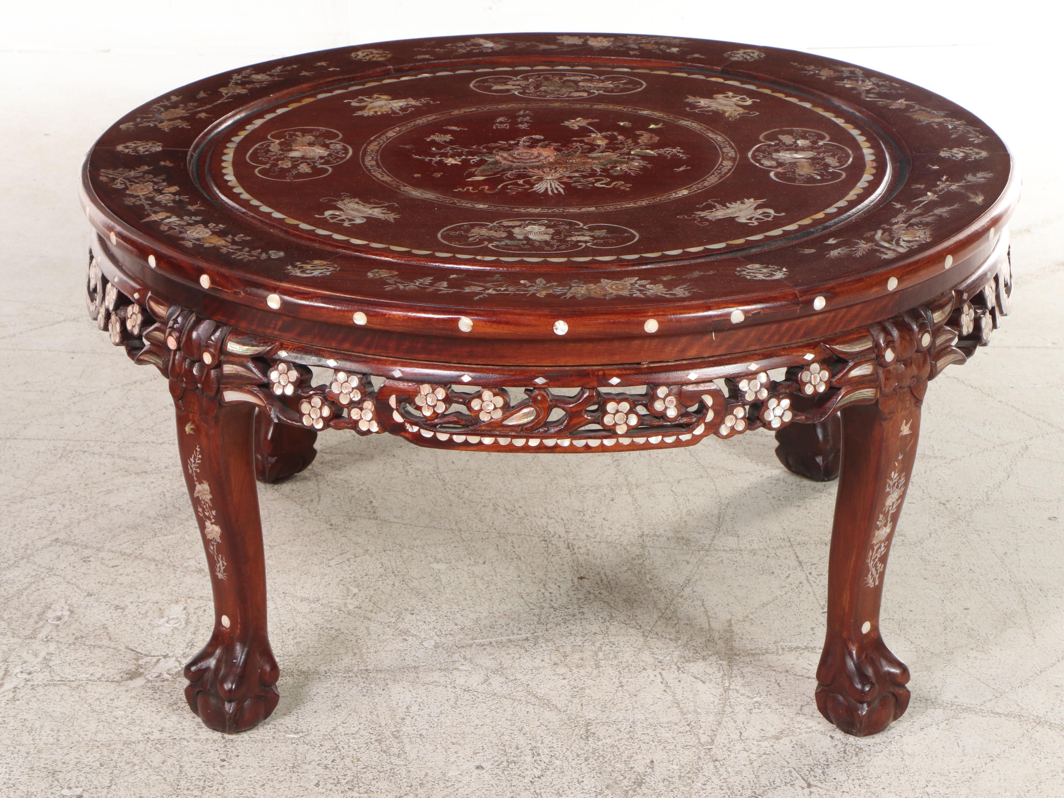 Chinese Mother-of-Pearl Inlaid Wood Low Table with Nested Stools | EBTH