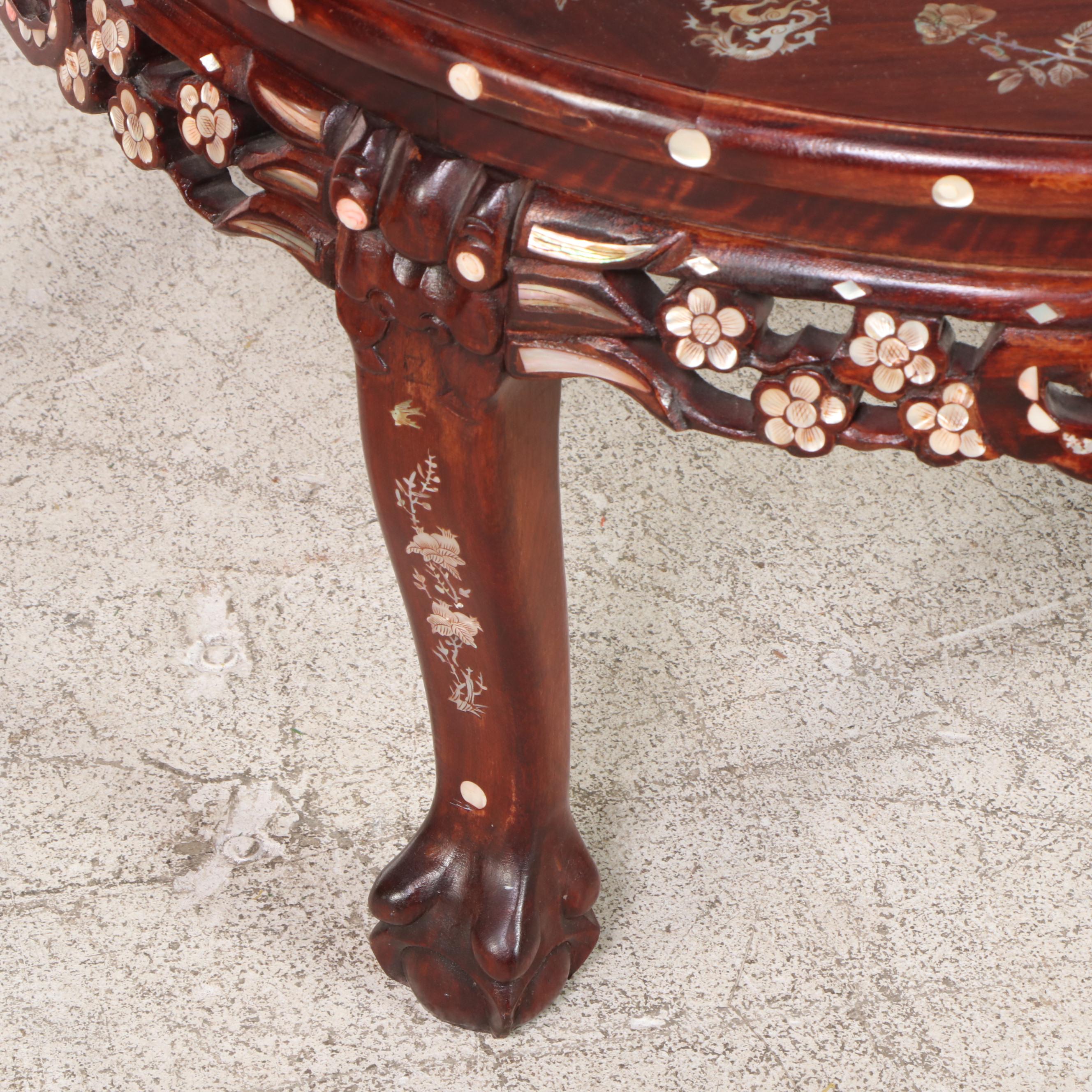 Chinese Mother-of-Pearl Inlaid Wood Low Table with Nested Stools | EBTH