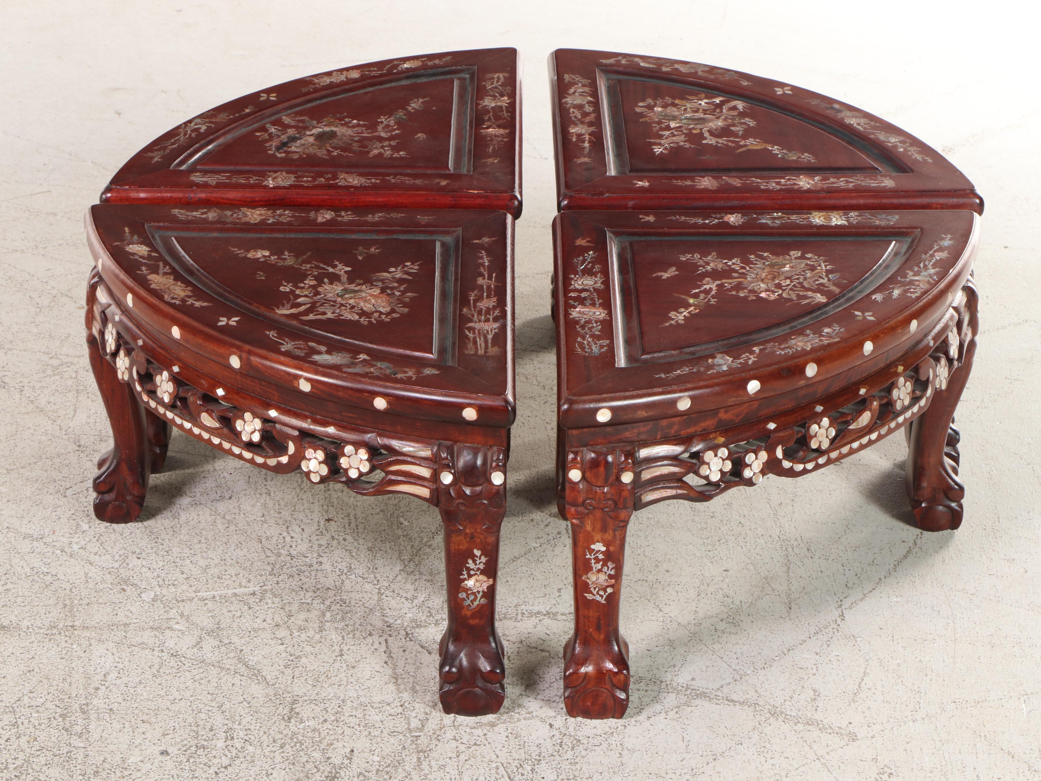 Chinese Mother-of-Pearl Inlaid Wood Low Table with Nested Stools | EBTH