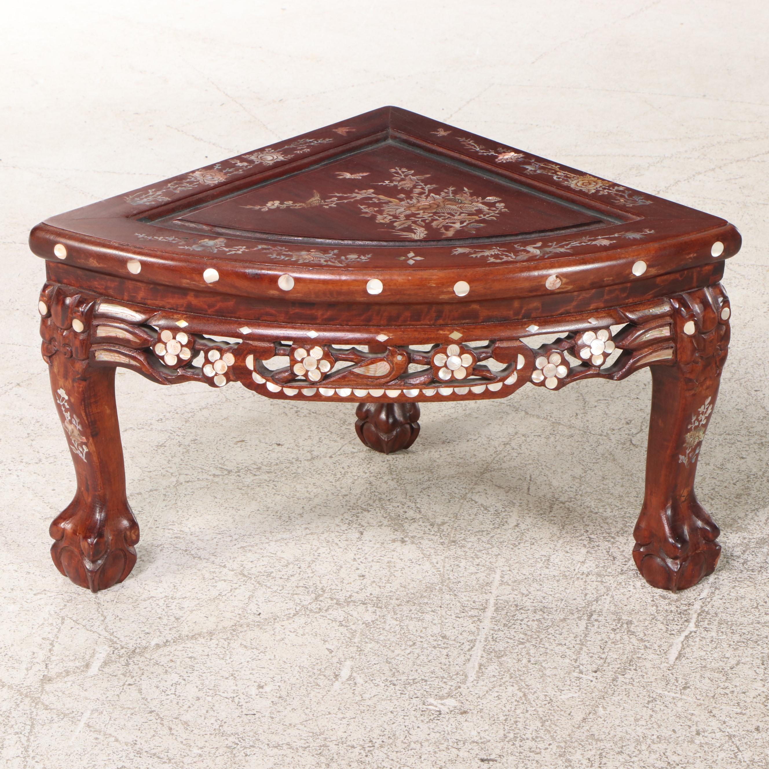 Chinese Mother-of-Pearl Inlaid Wood Low Table with Nested Stools | EBTH