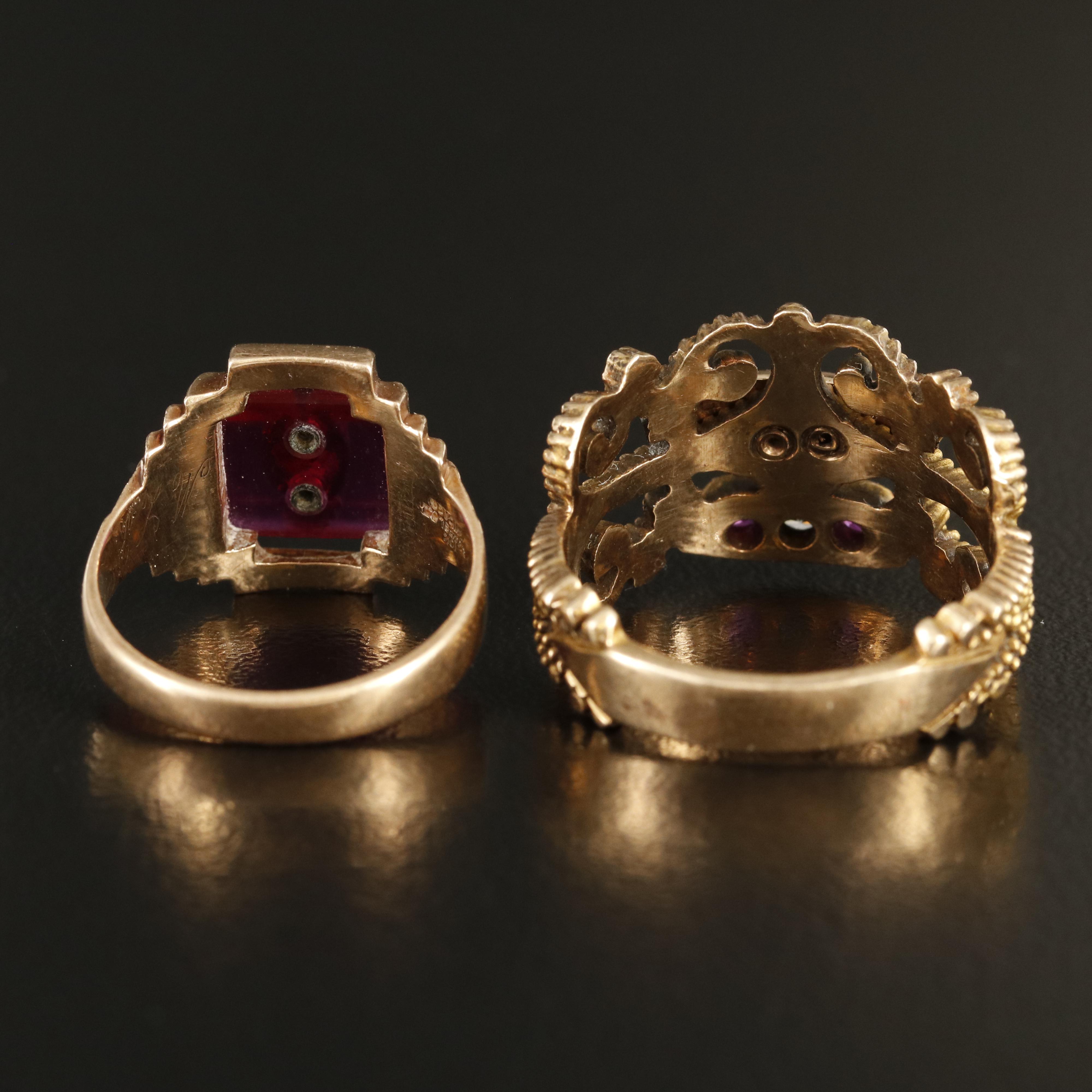 Vintage 10K Ruby High School and Diamond and Ruby Scrollwork Rings | EBTH