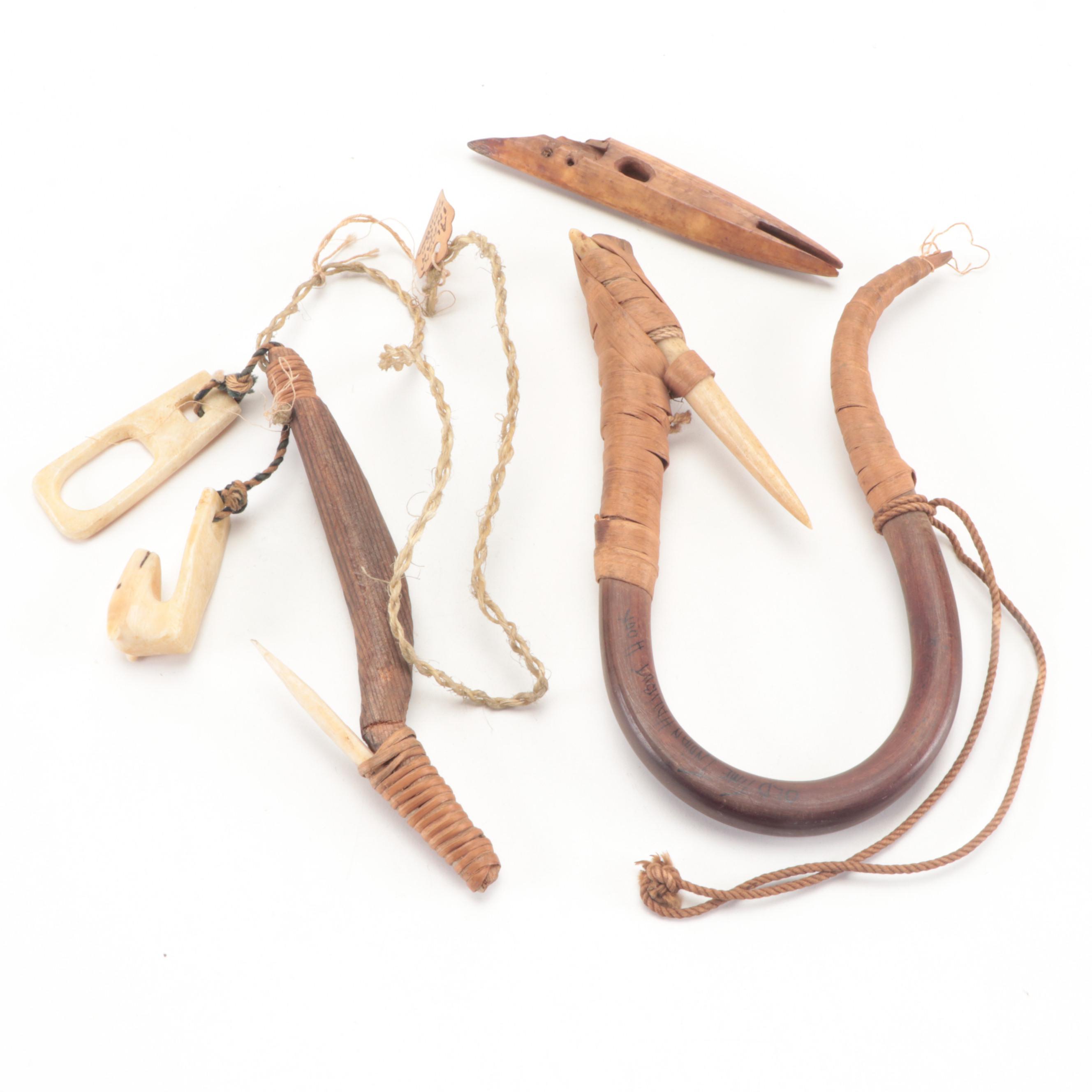 Native Alaskan Style Wood and Carved Bone Halibut Fish Hook and More | EBTH