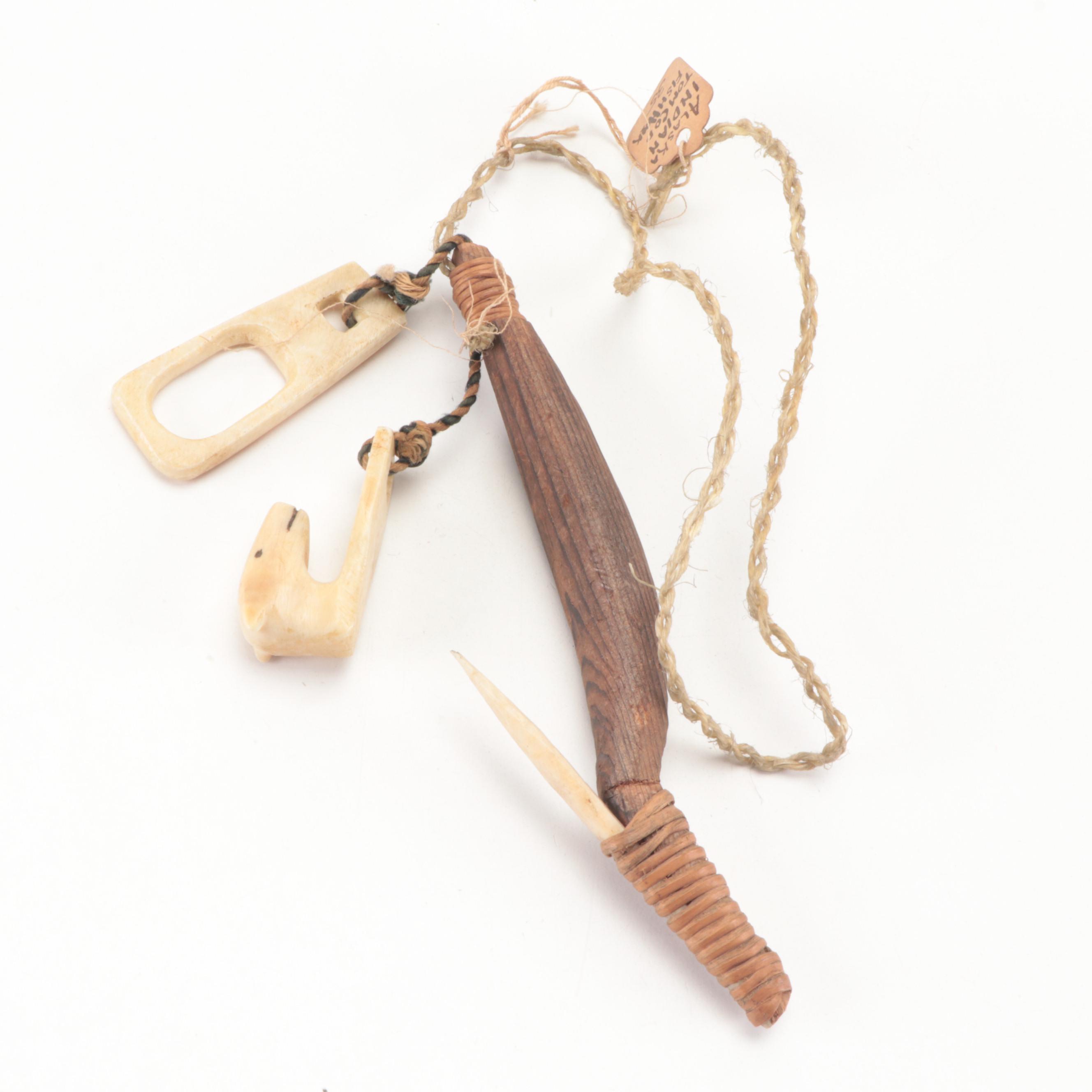 Native Alaskan Style Wood and Carved Bone Halibut Fish Hook and More | EBTH