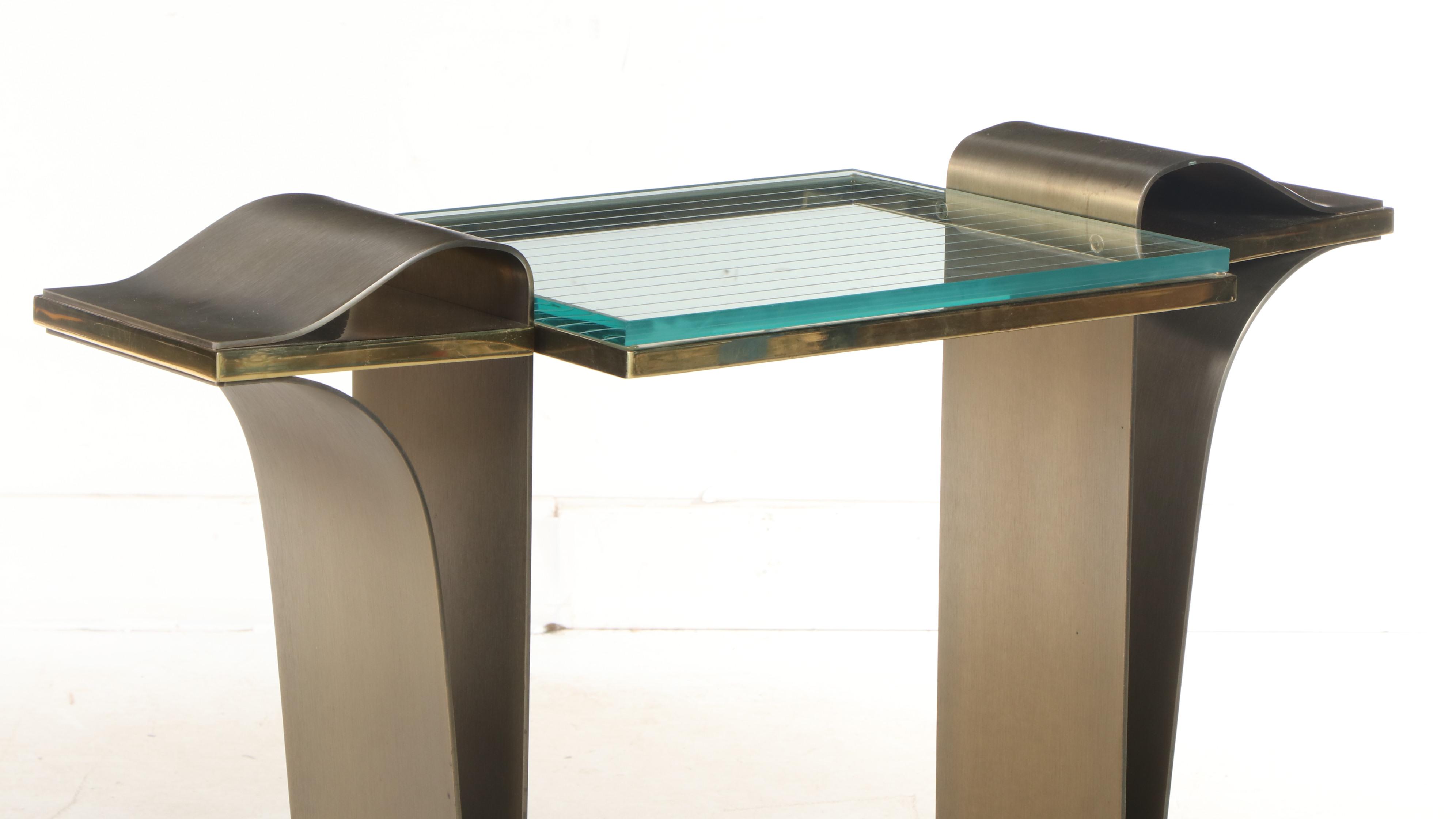 Jay Spectre Deco Revival Bronzed Steel Side Table with Etched Glass Top ...