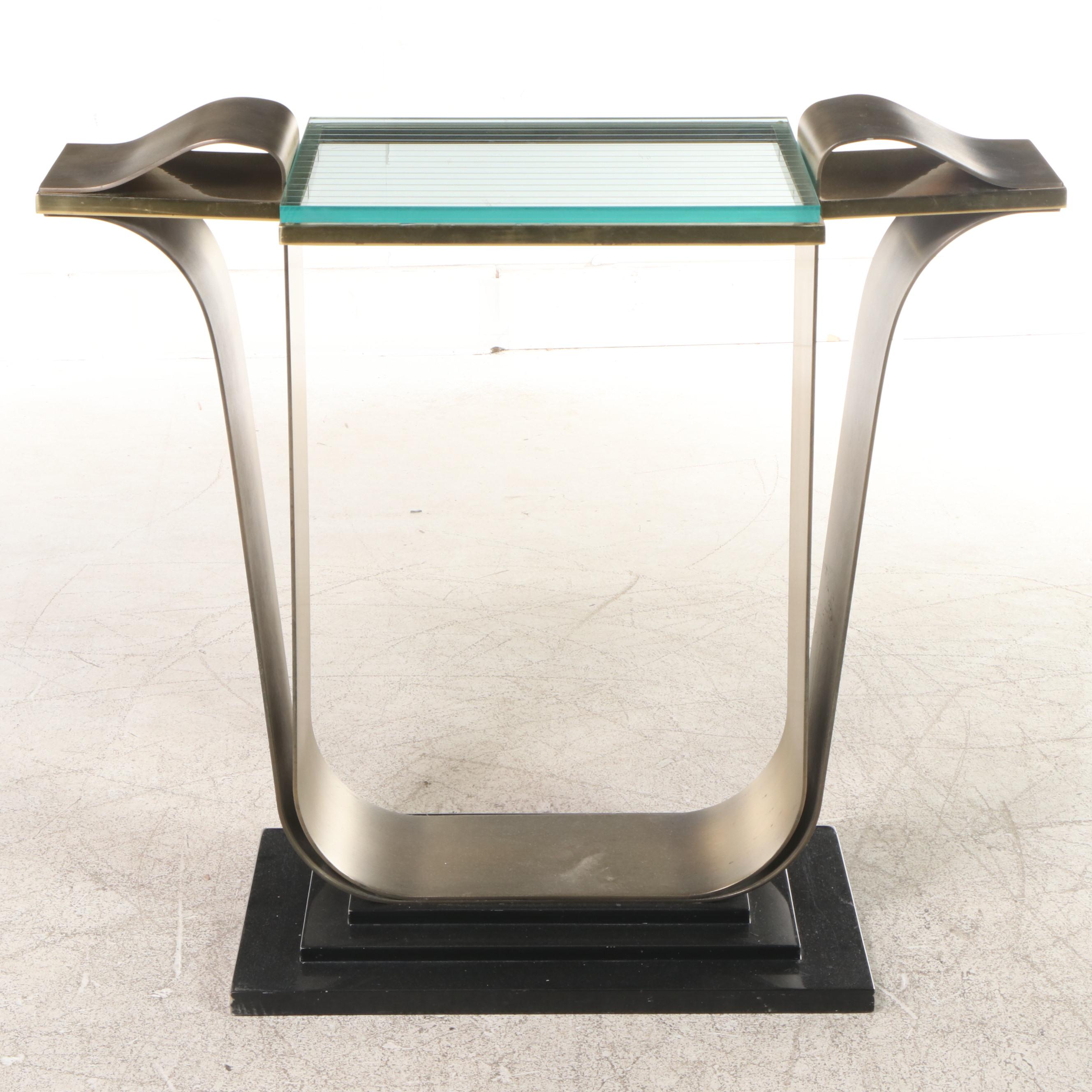 Jay Spectre Deco Revival Bronzed Steel Side Table with Etched Glass Top ...