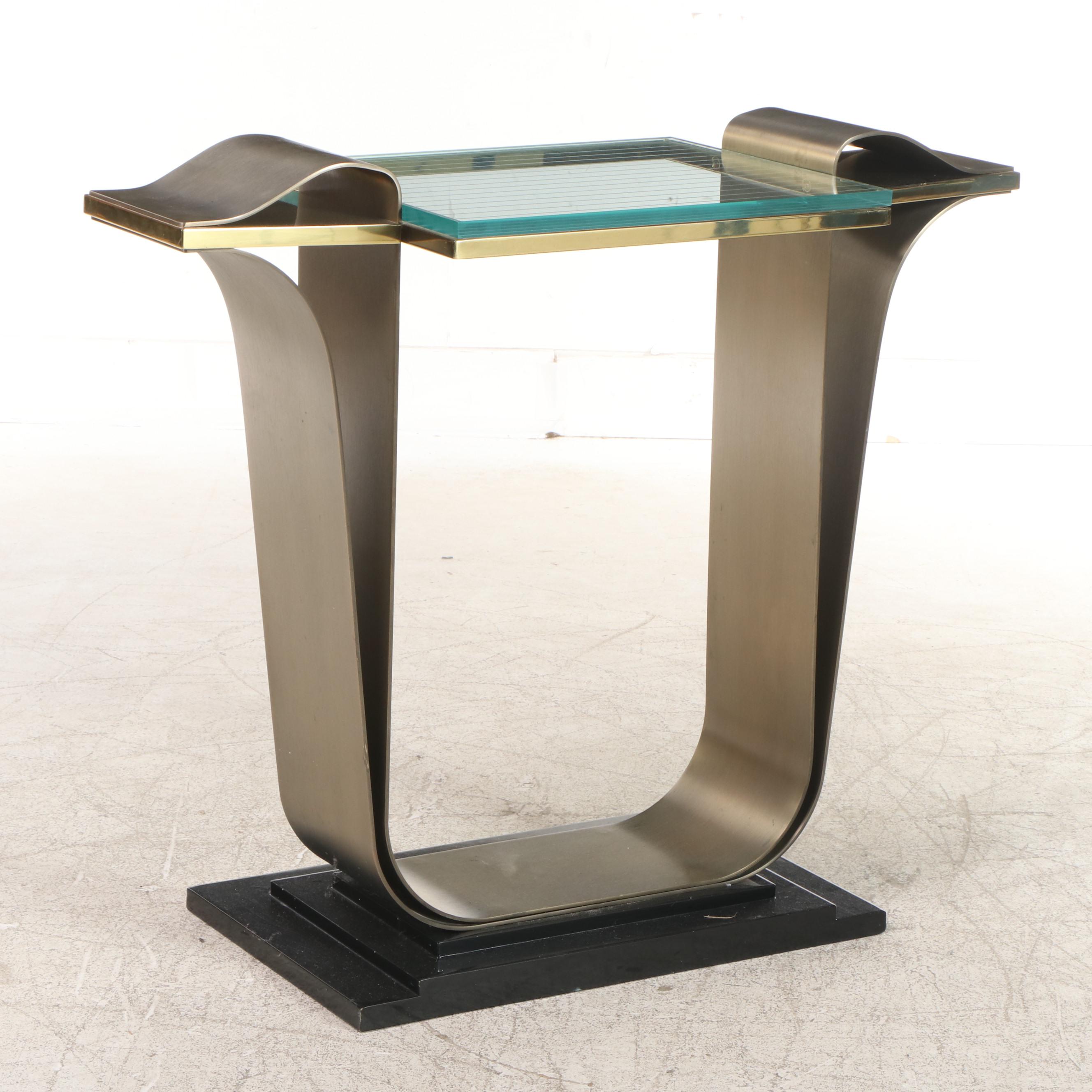 Jay Spectre Deco Revival Bronzed Steel Side Table with Etched Glass Top ...