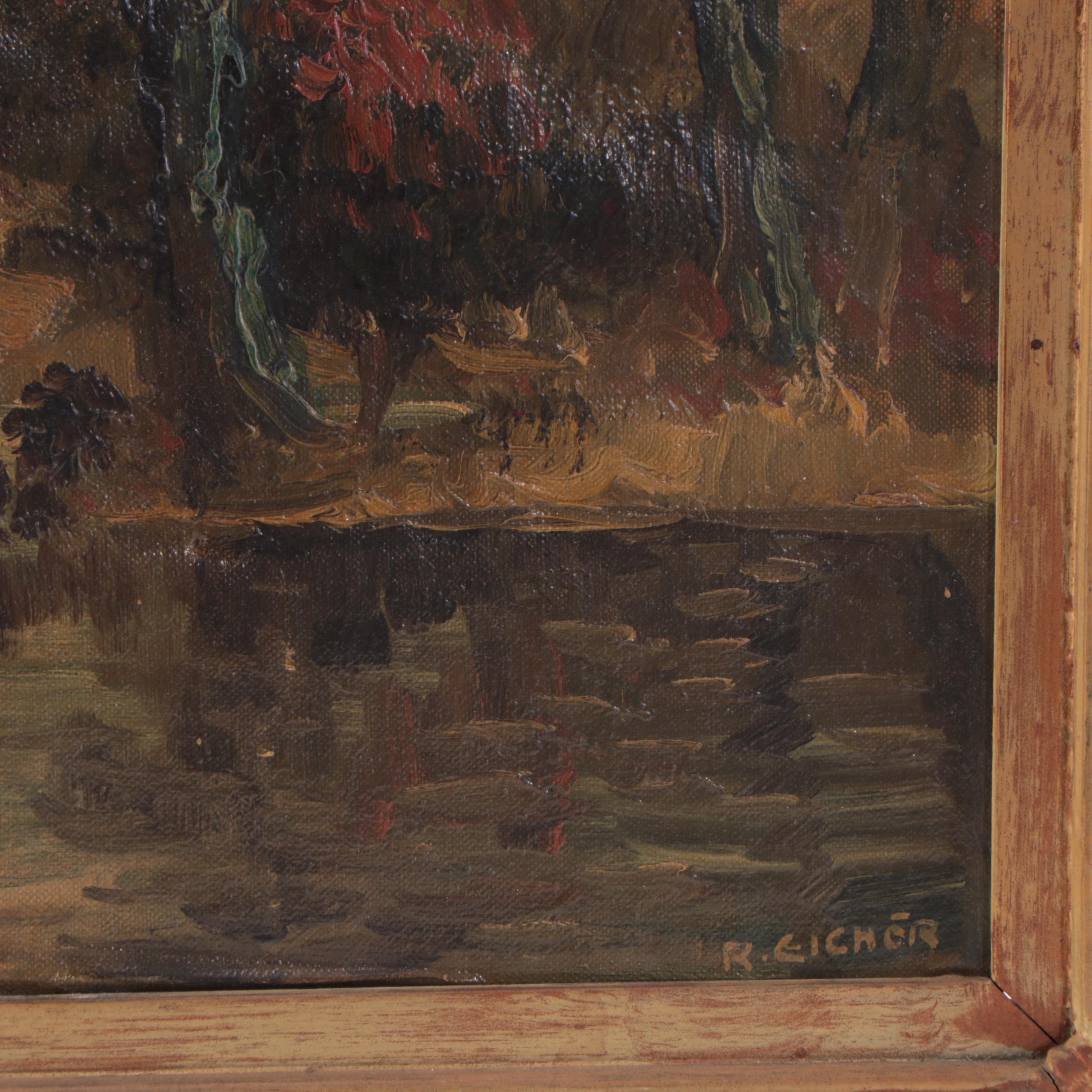 Rudolph Eicher Pond Landscape Oil Painting, Circa 1940 | EBTH