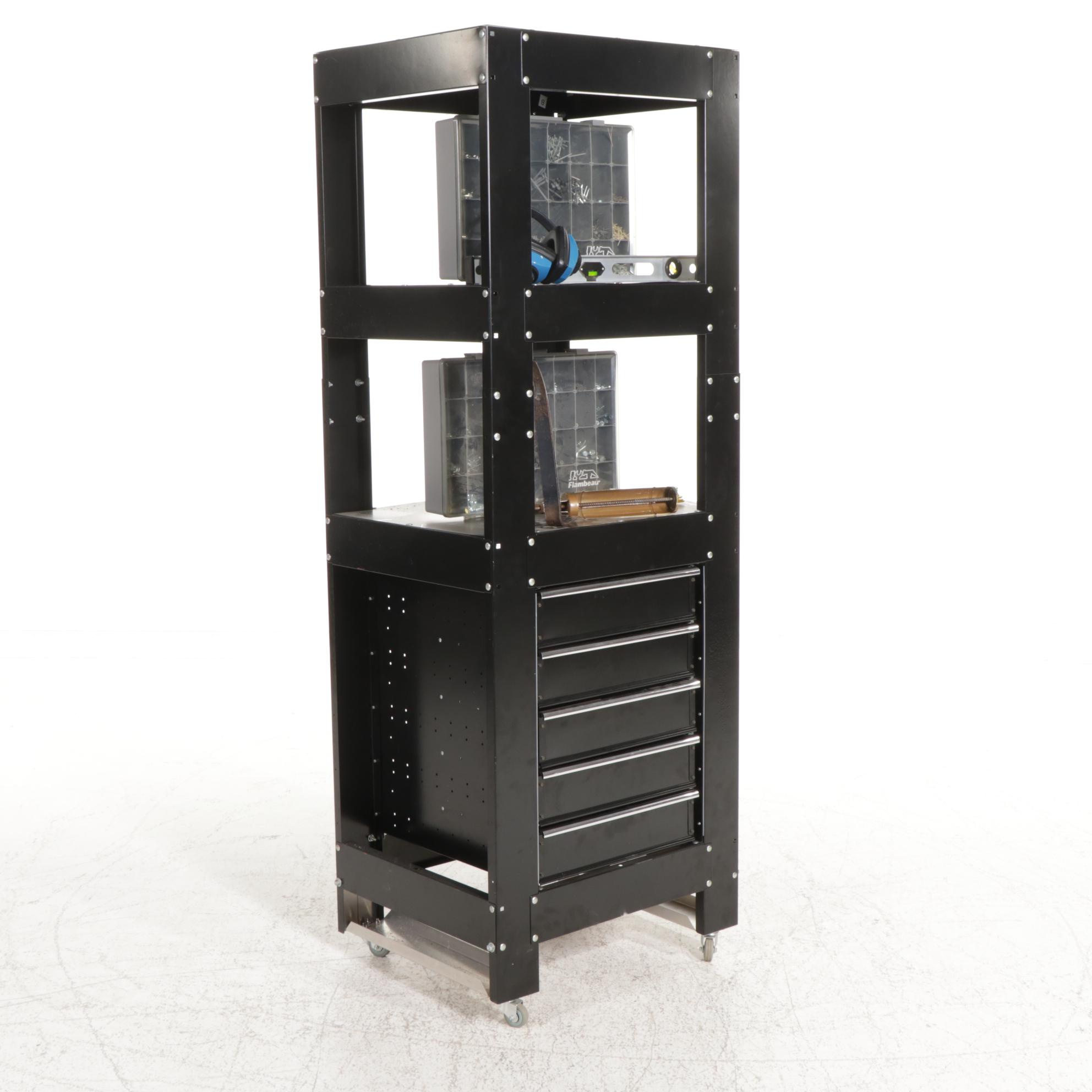 ContemporaryRolling Metal Tool Chest and Storage Shelf with Tools and ...