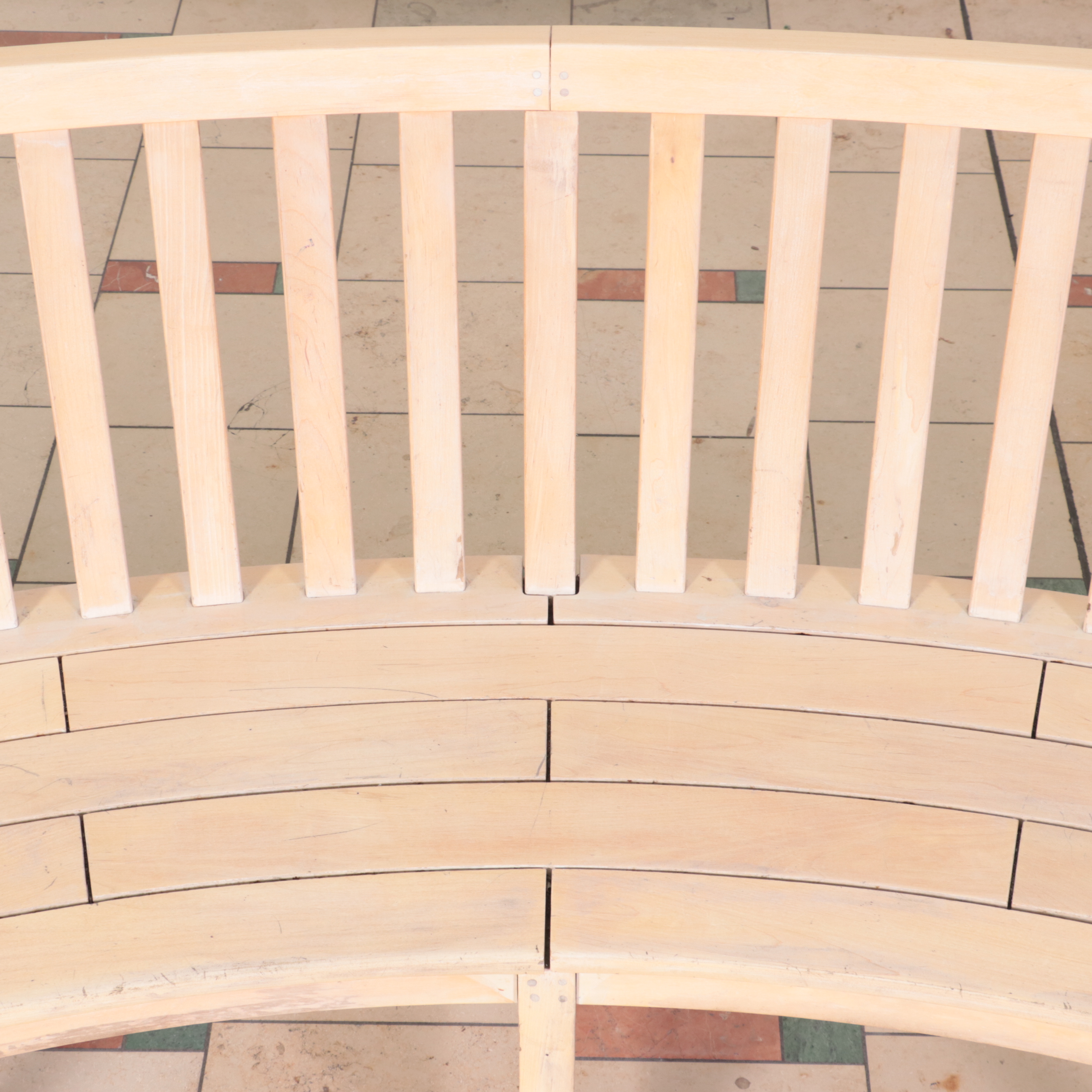 Pair of Large Wooden Slat Back Curved Benches with Armrests | EBTH