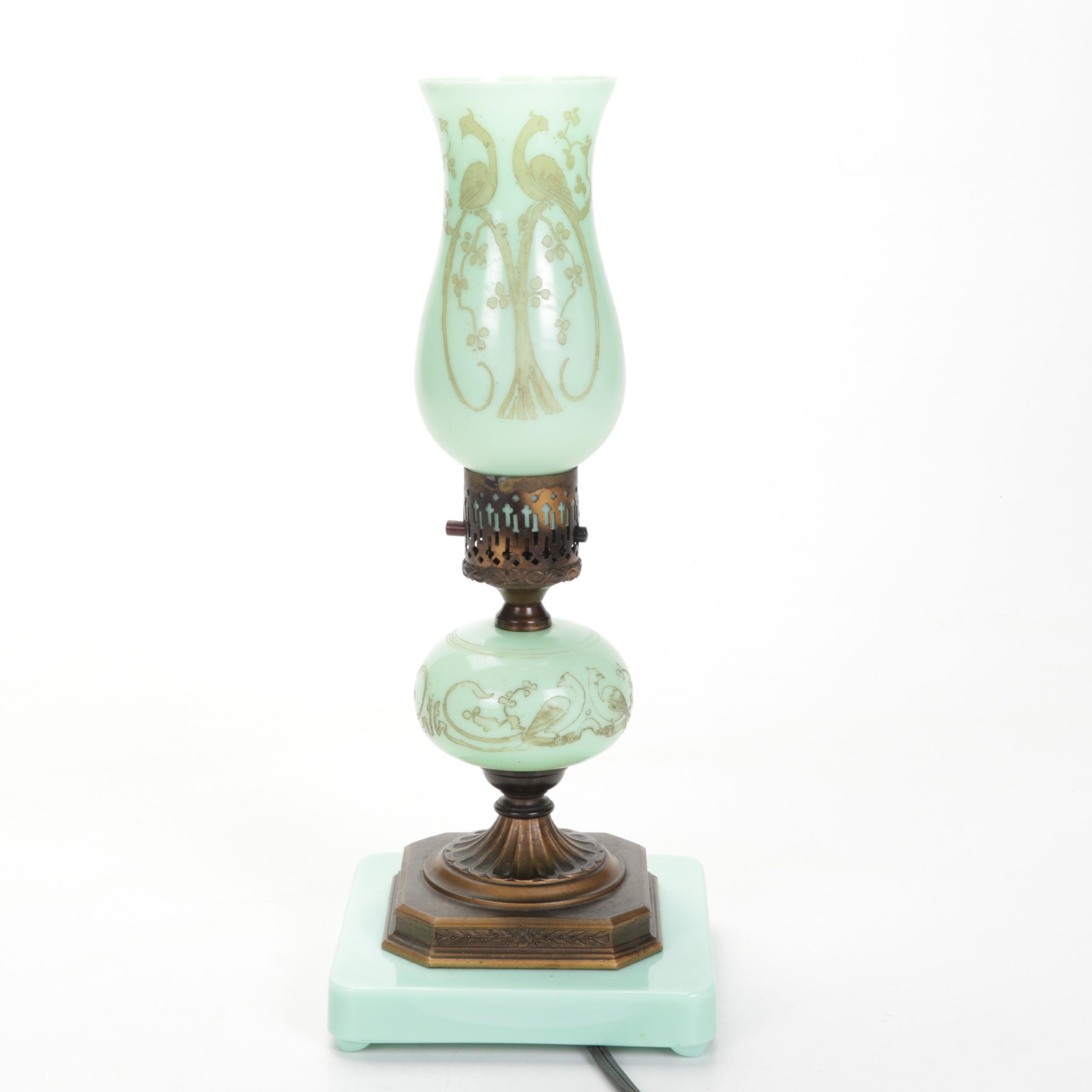Etched Jadeite-Colored Glass Hurricane Table Lamp, Early to Mid 20th ...