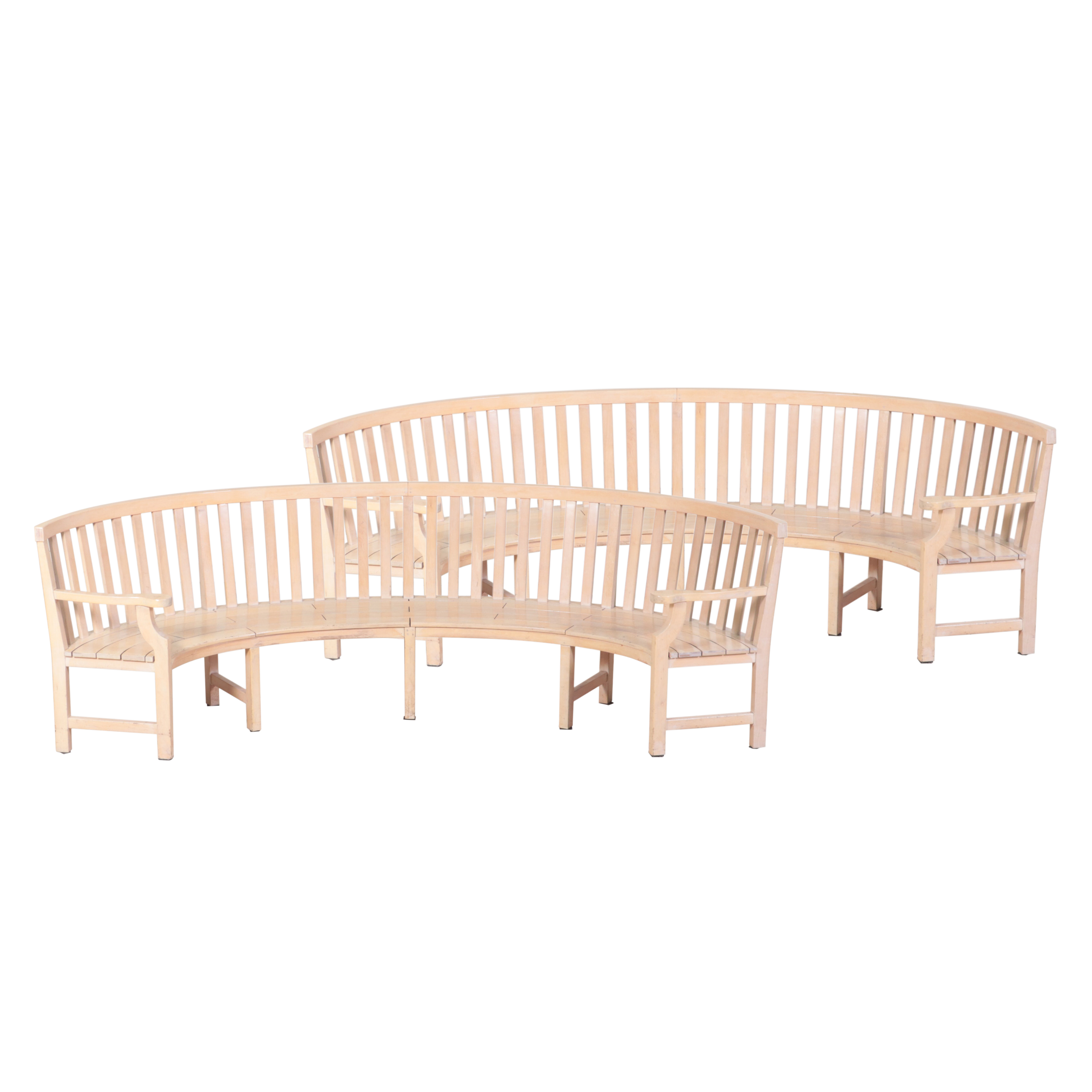 Pair of Large Wooden Slat Back Curved Benches with Armrests | EBTH