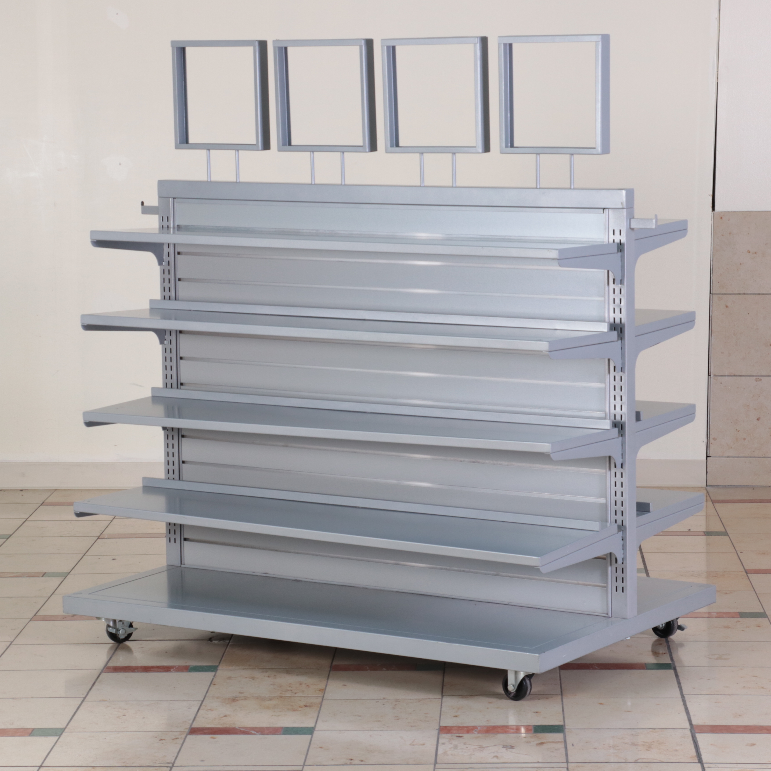 Two Metal Adjustable Rolling Shelving Units with Mounted Sign Holders ...