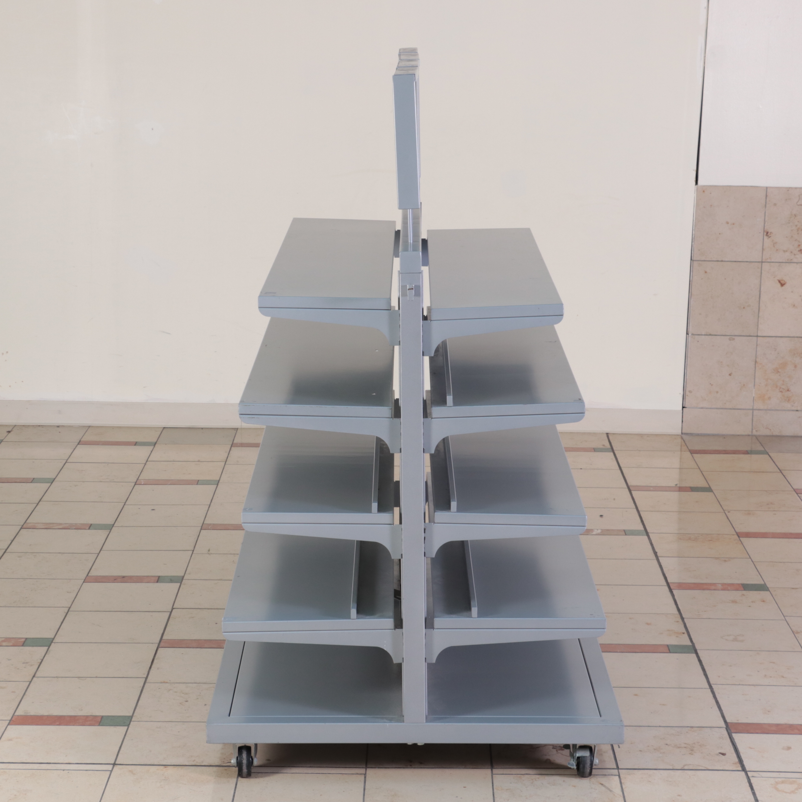 Two Metal Adjustable Rolling Shelving Units with Mounted Sign Holders ...