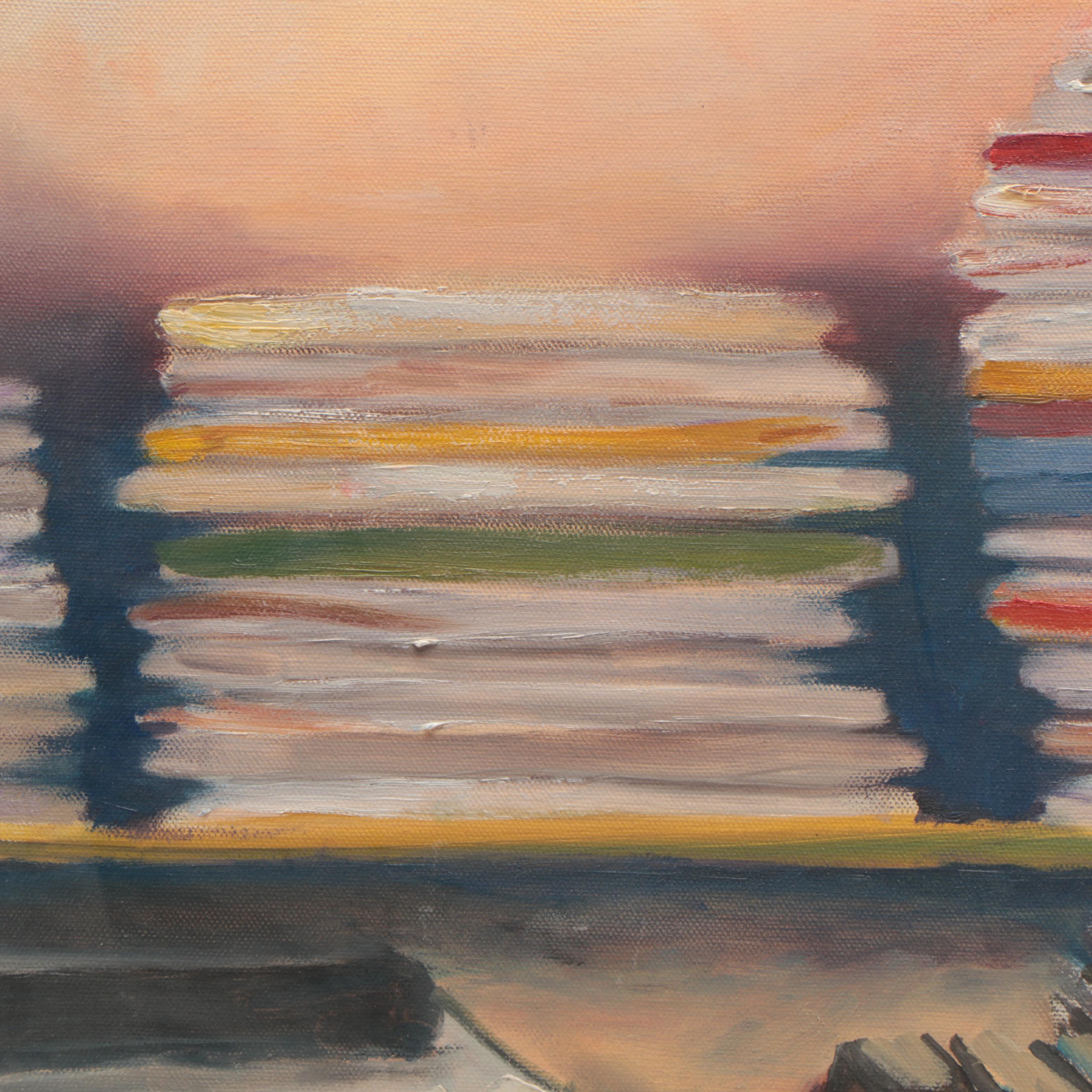 Sue Weseli Oil Painting of Bookshelves, Late 20th Century | EBTH