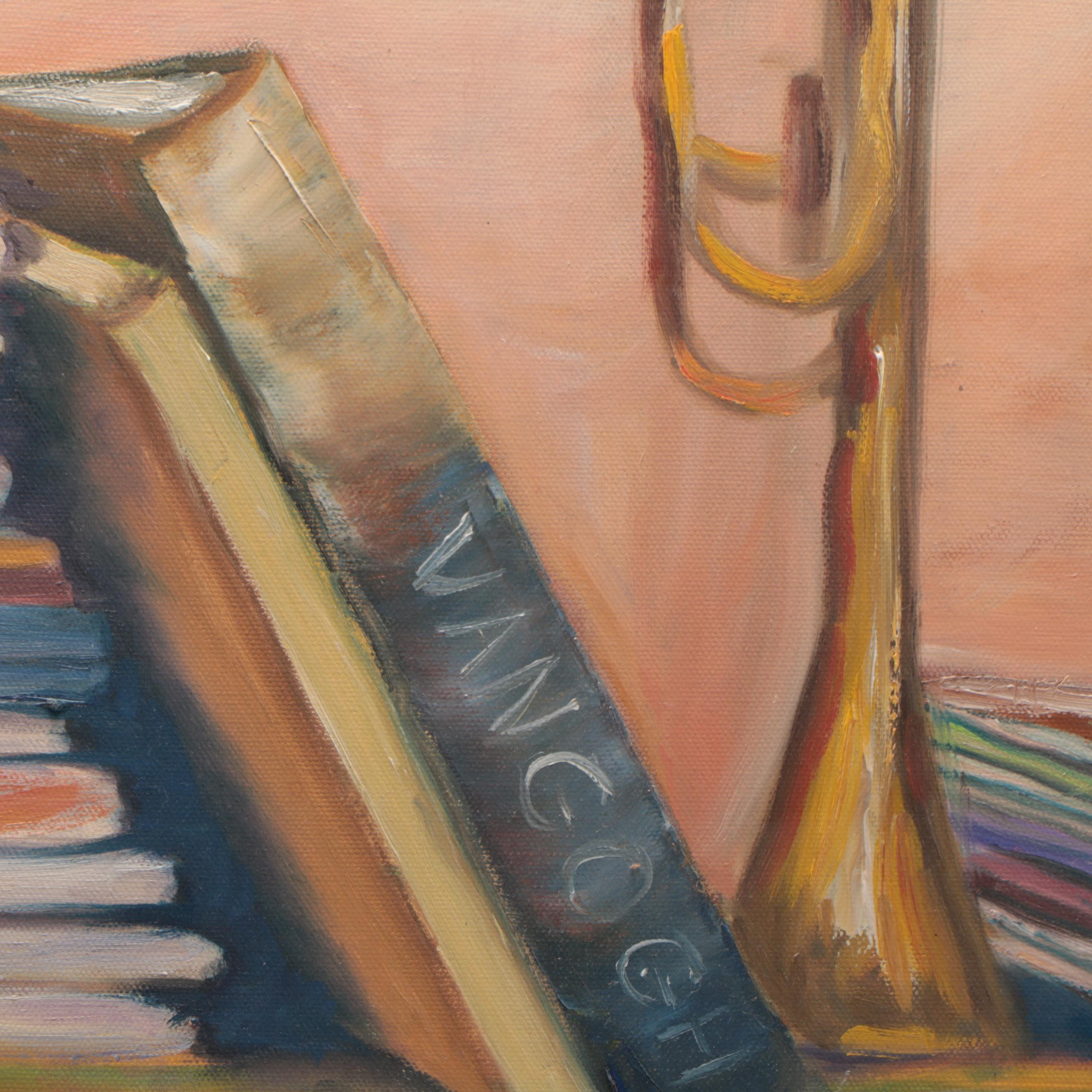 Sue Weseli Oil Painting of Bookshelves, Late 20th Century | EBTH