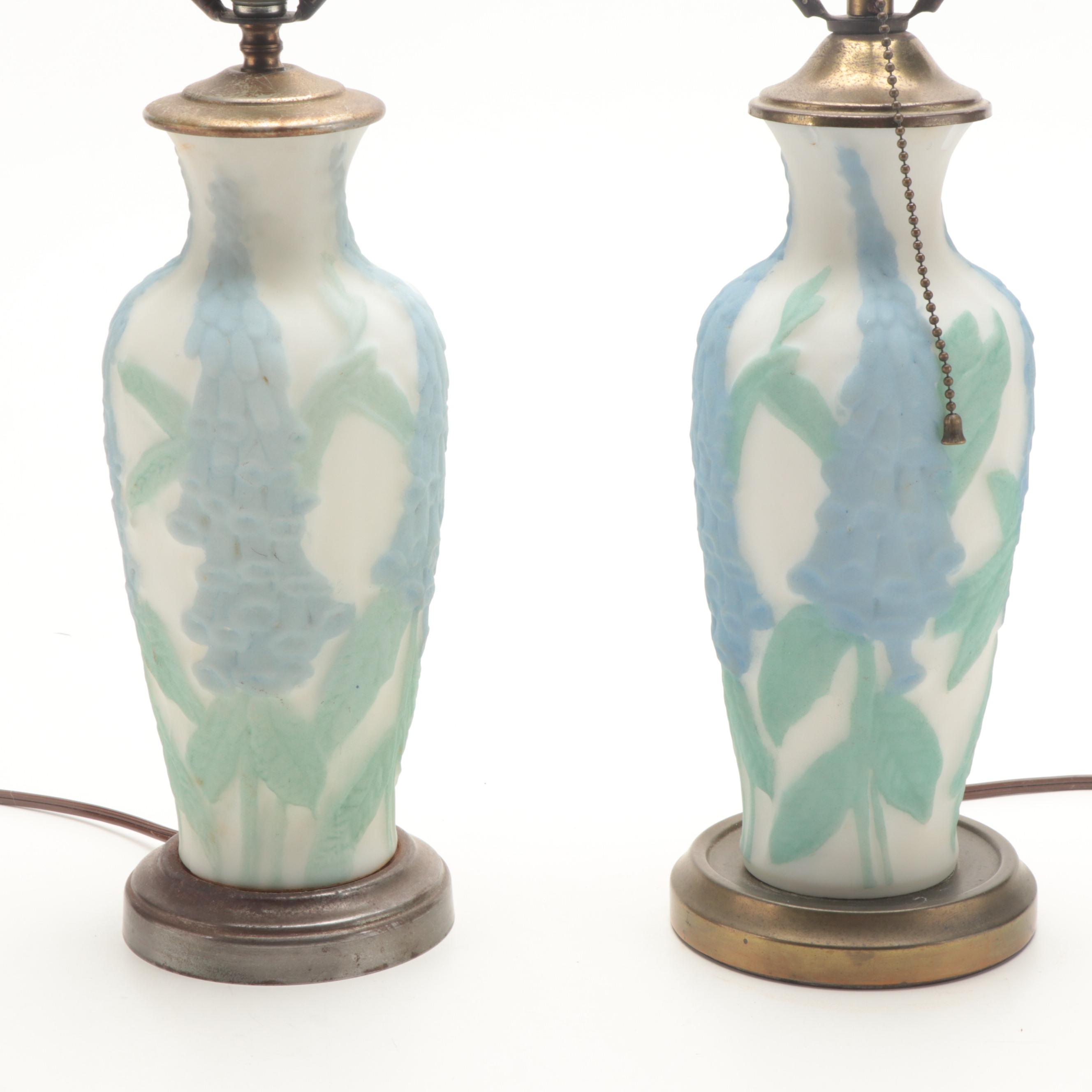 Near Pair Phoenix Consolidated Glass Reverse Painted Foxglove Table ...