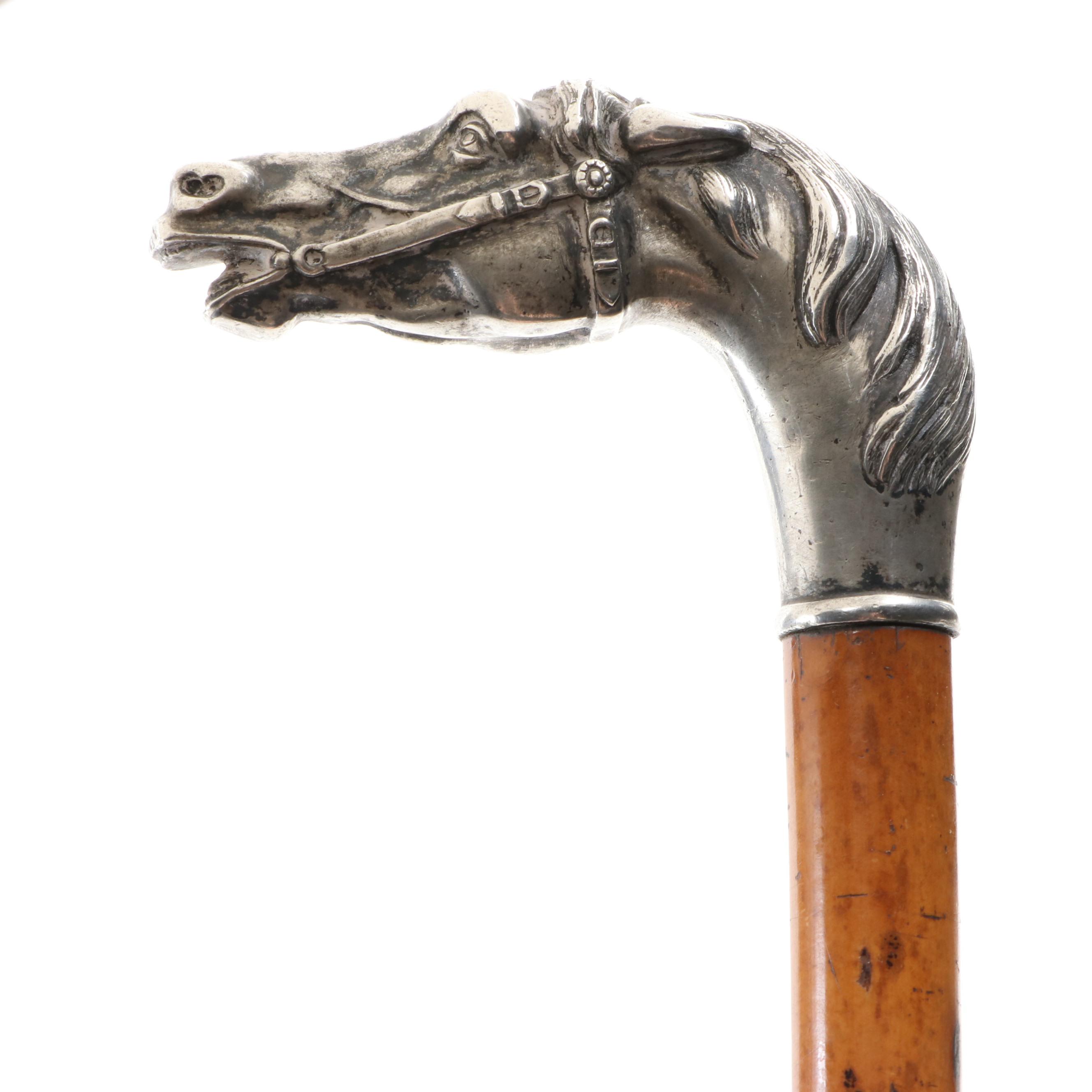 Metal Horse Head Handled Wooden Walking Cane, 20th Century | EBTH