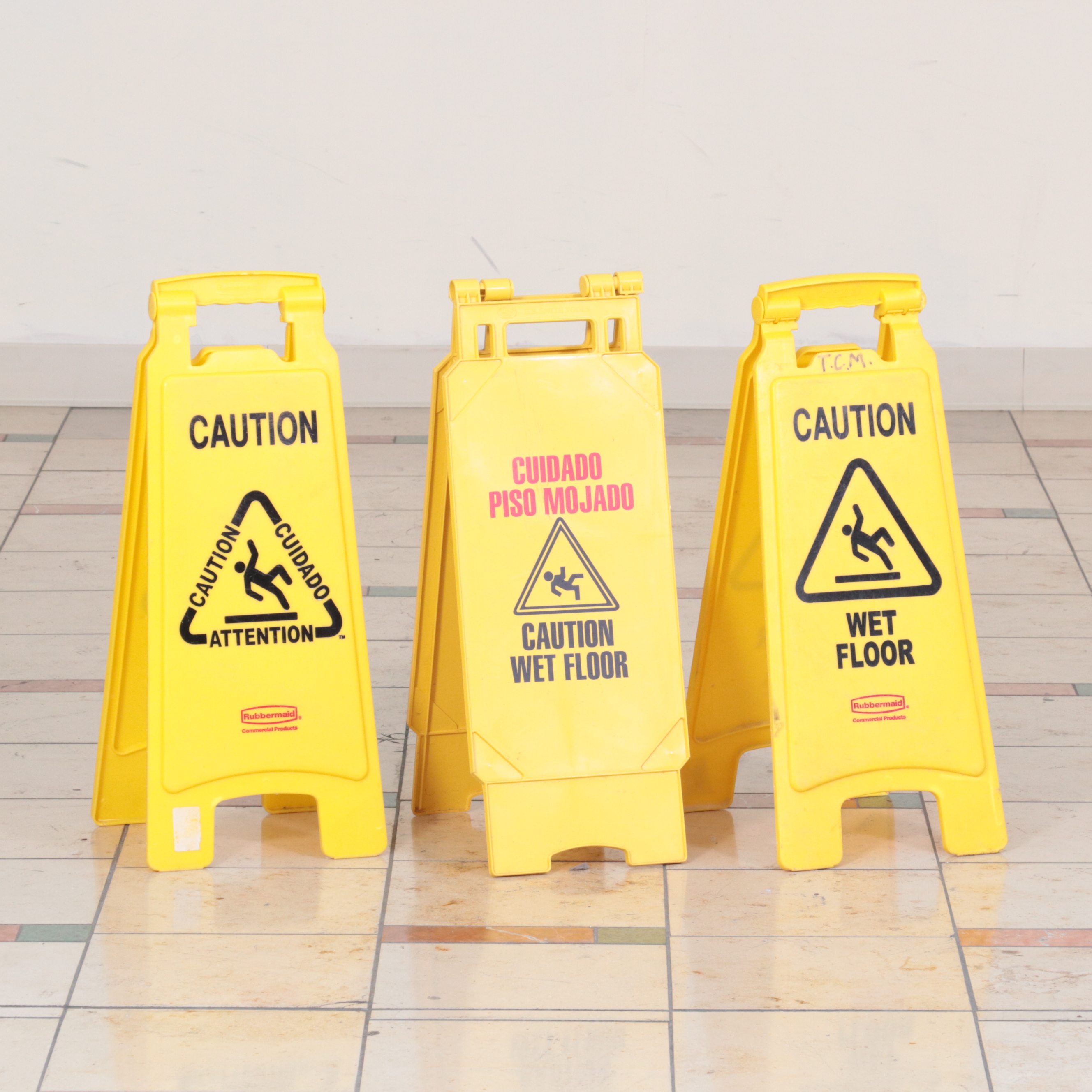 Six Rubbermaid Industrial Wheeled Mop Buckets With Three "Caution ...