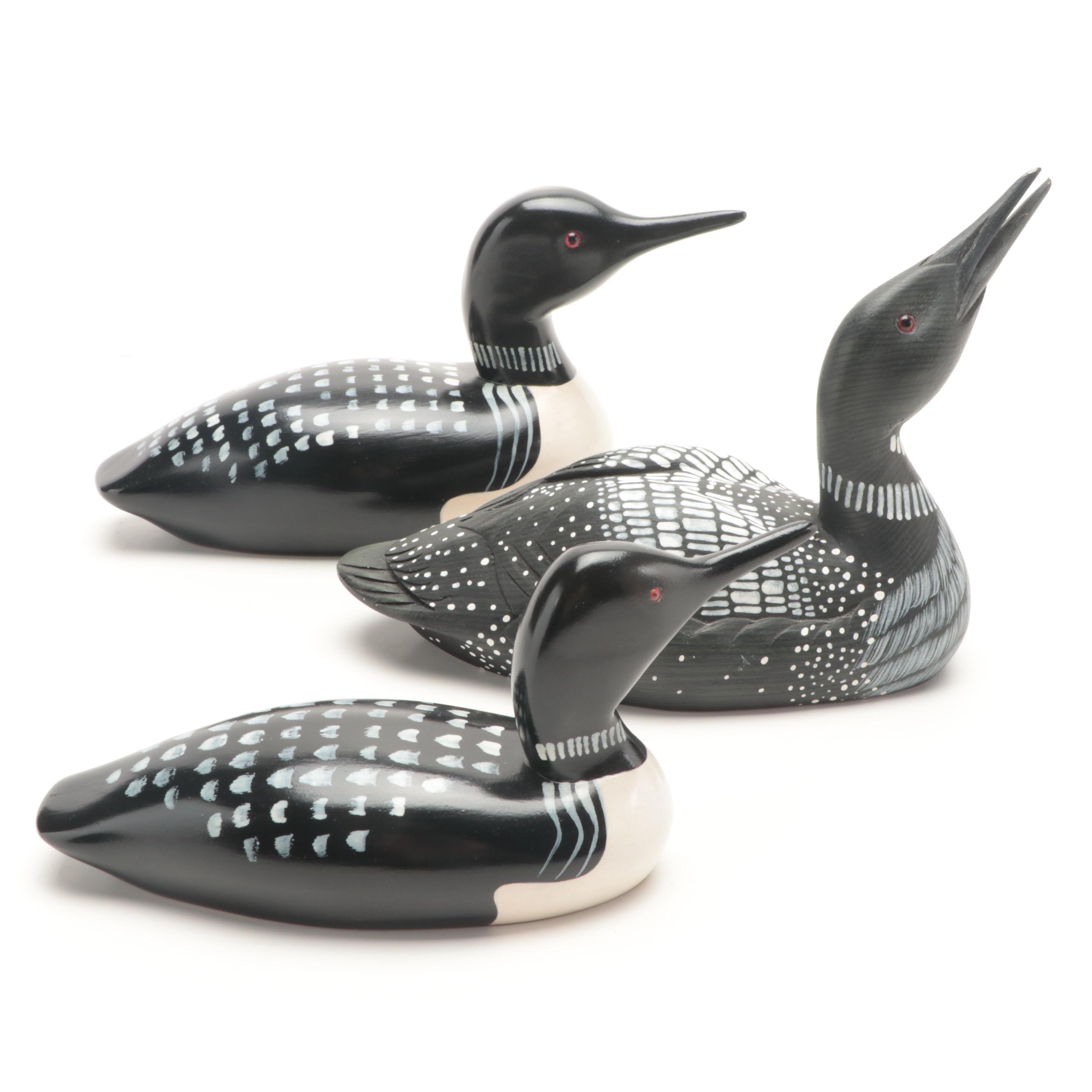 Artist Signed Hand-Painted Carved Wood Common Loon Decoy Figures, 1990s ...