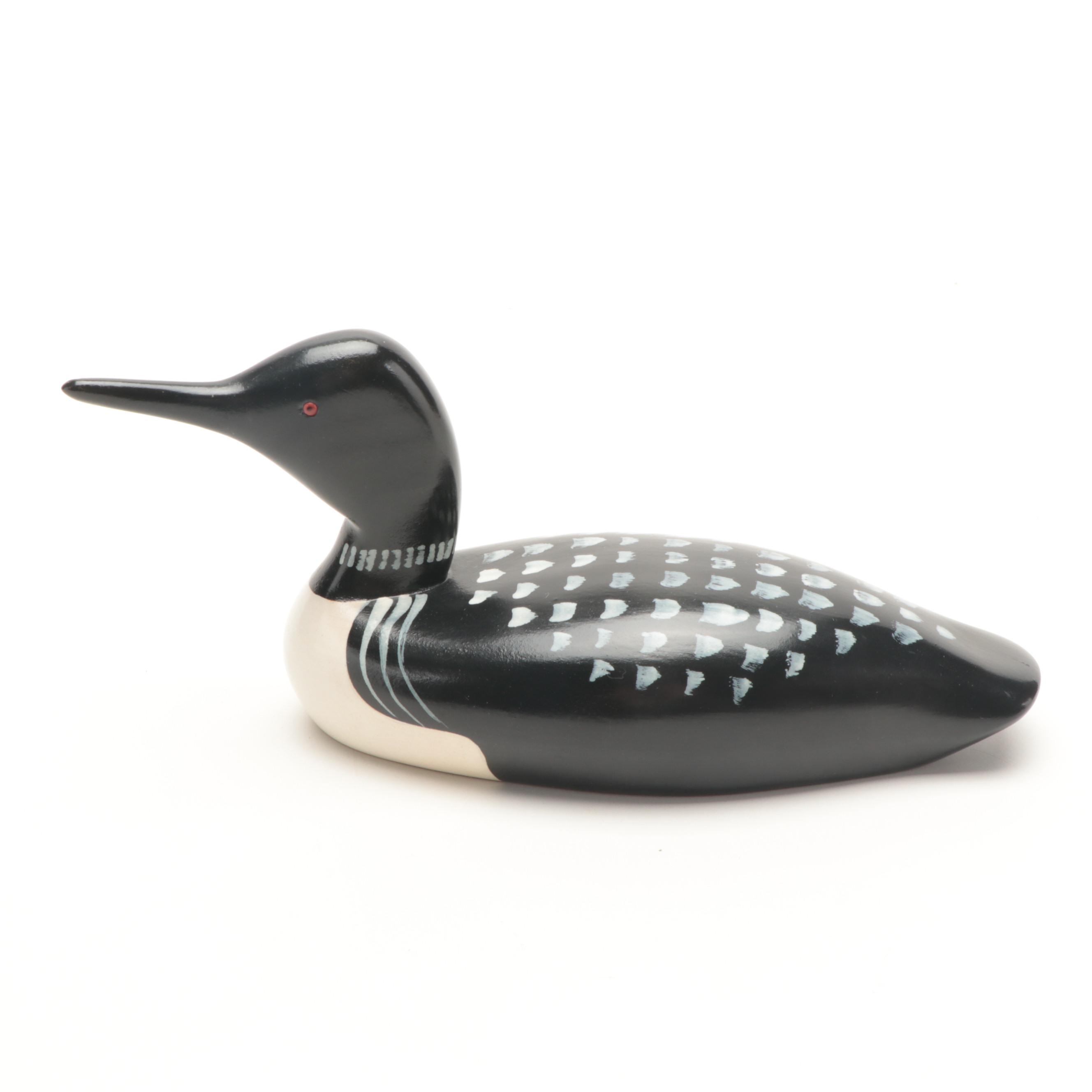 Artist Signed Hand-Painted Carved Wood Common Loon Decoy Figures, 1990s ...