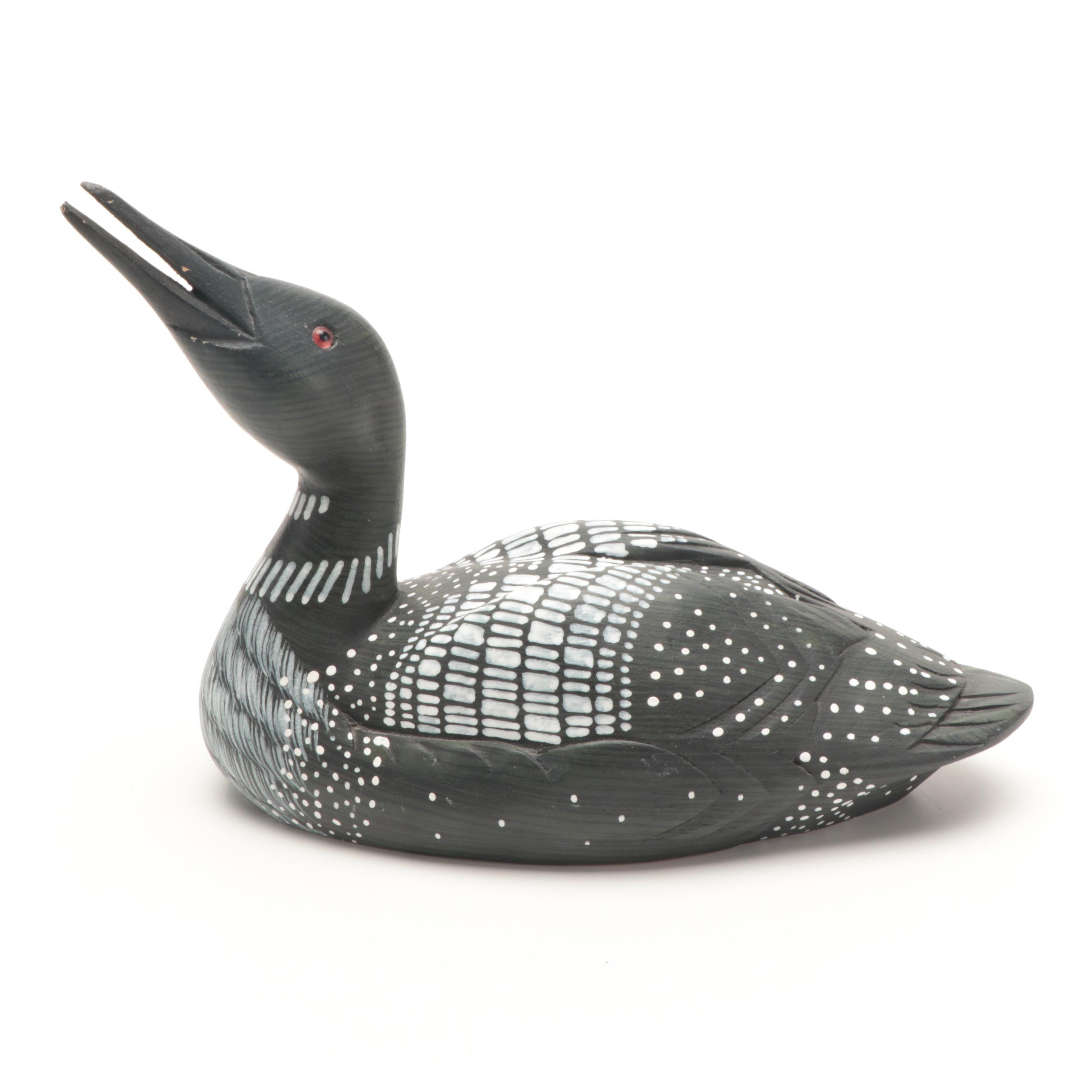 Artist Signed Hand-Painted Carved Wood Common Loon Decoy Figures, 1990s ...