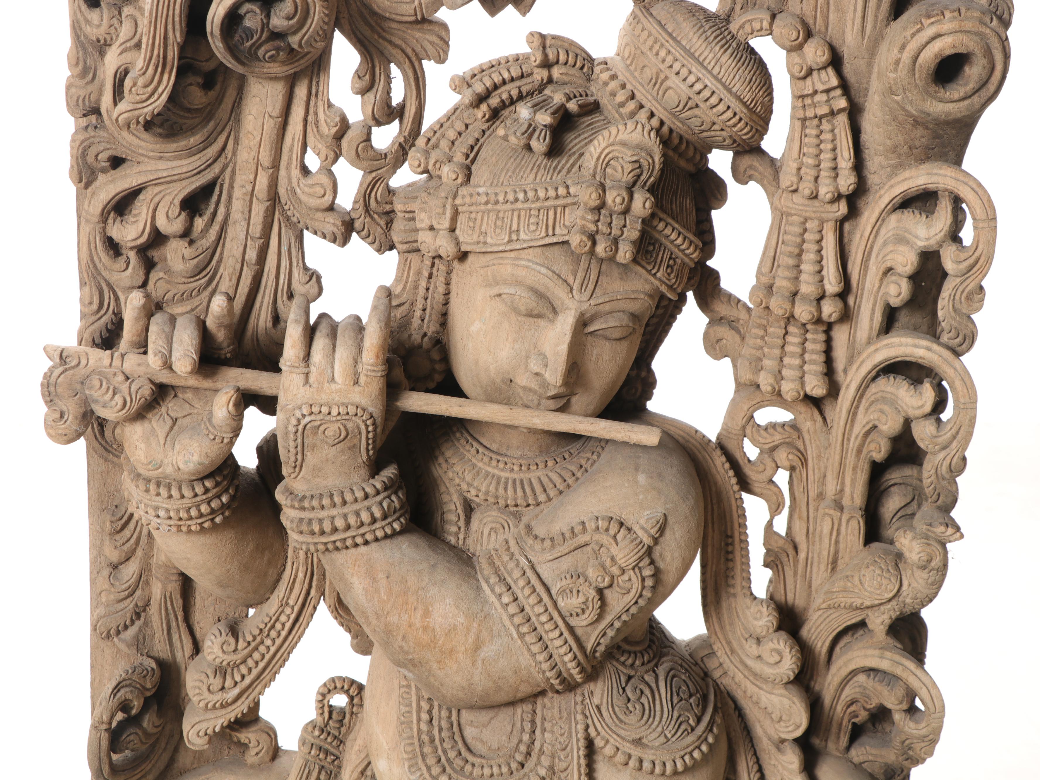 Indian Carved Wood Tableau of Gopala Krishna Playing Flute | EBTH