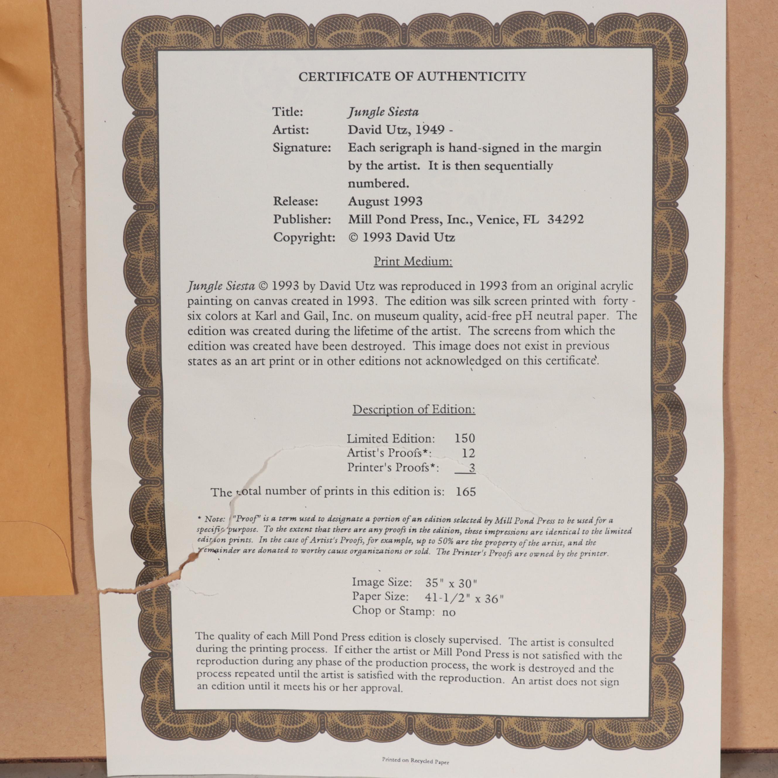 David Utz Serigraph "Jungle Siesta," 1993 | EBTH