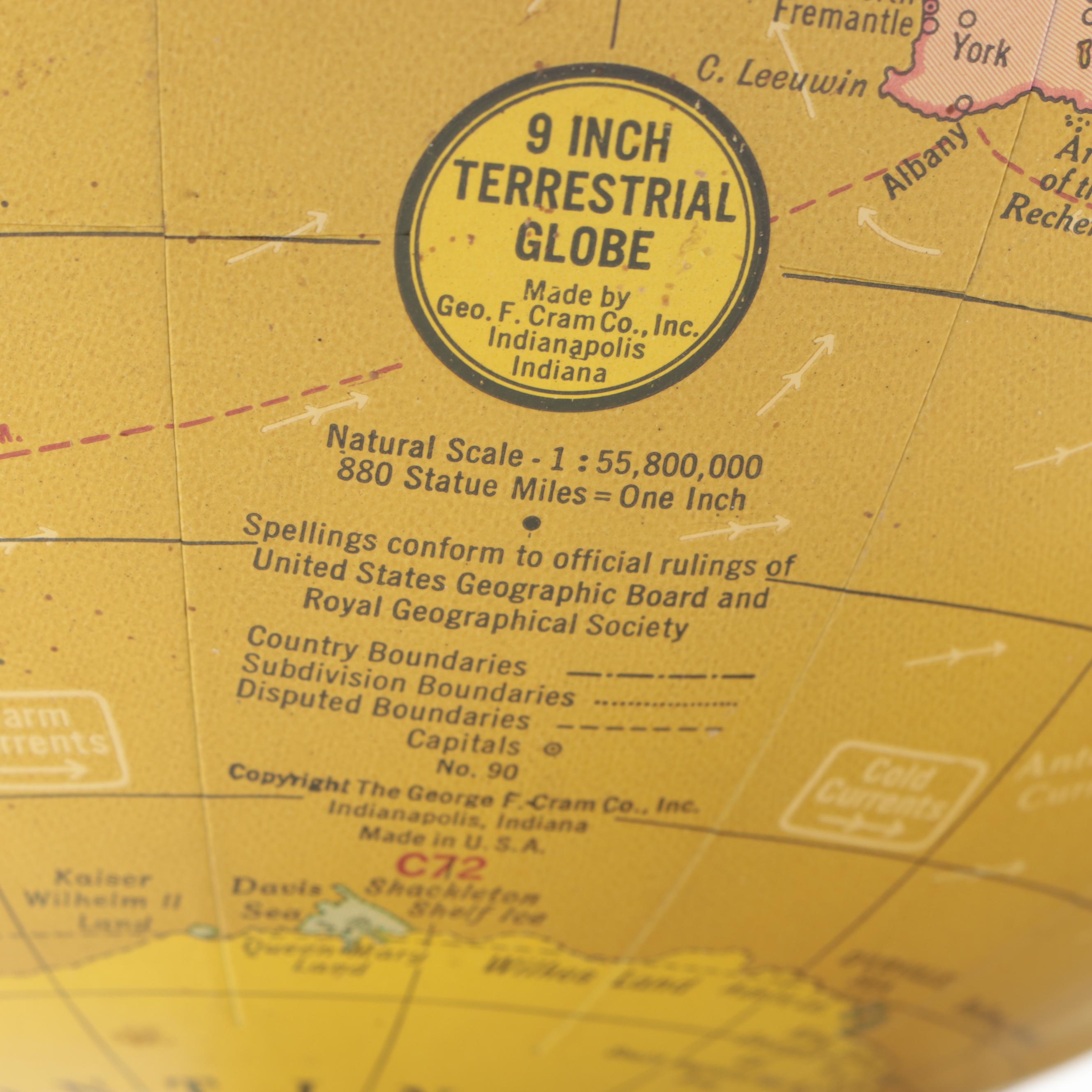 Geo. F. Cram Co Inc 9" Terrestrial Globe with Globe Coin Back and ...