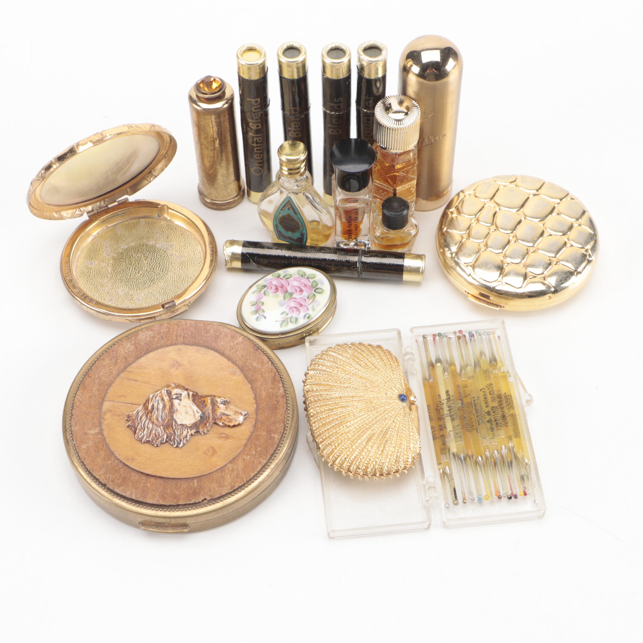 Gold Tone Compacts with Vintage Perfume Sample Collection | EBTH