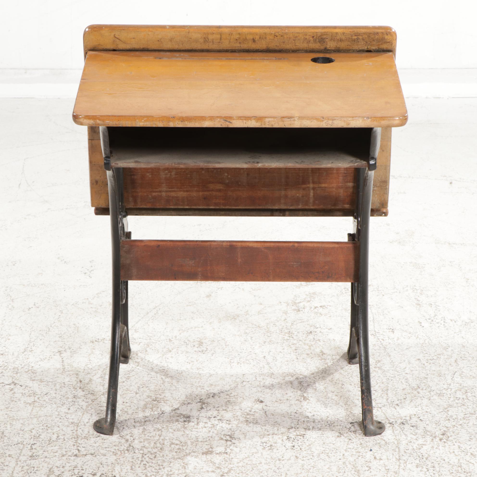 Cast Iron and Wood Schoolhouse Row Desk with Folding Seat | EBTH