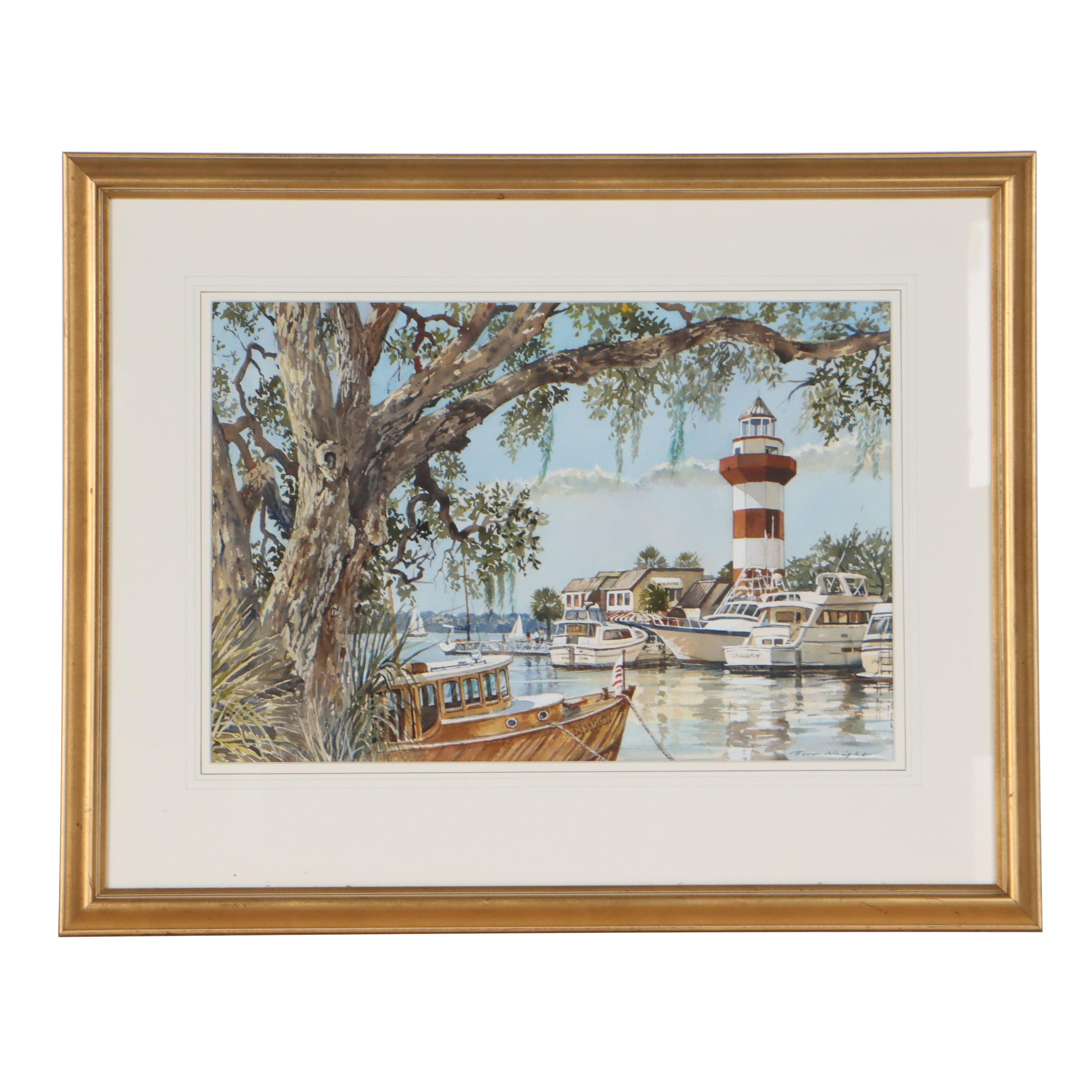Bert Wright Watercolor Painting of a Marina | EBTH