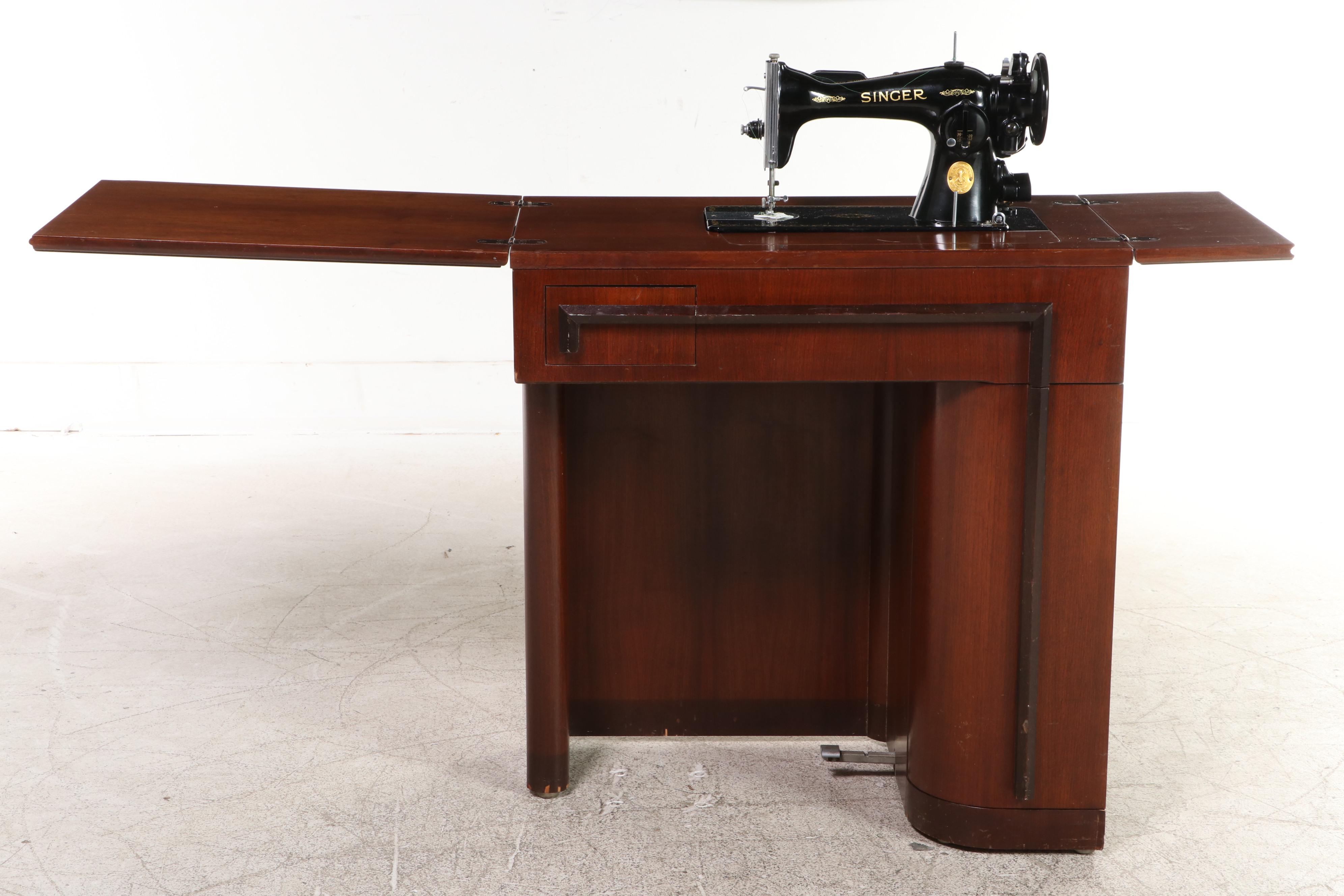 Singer Model 15-91 Sewing Machine in Mahogany Work Bench, 1950s | EBTH