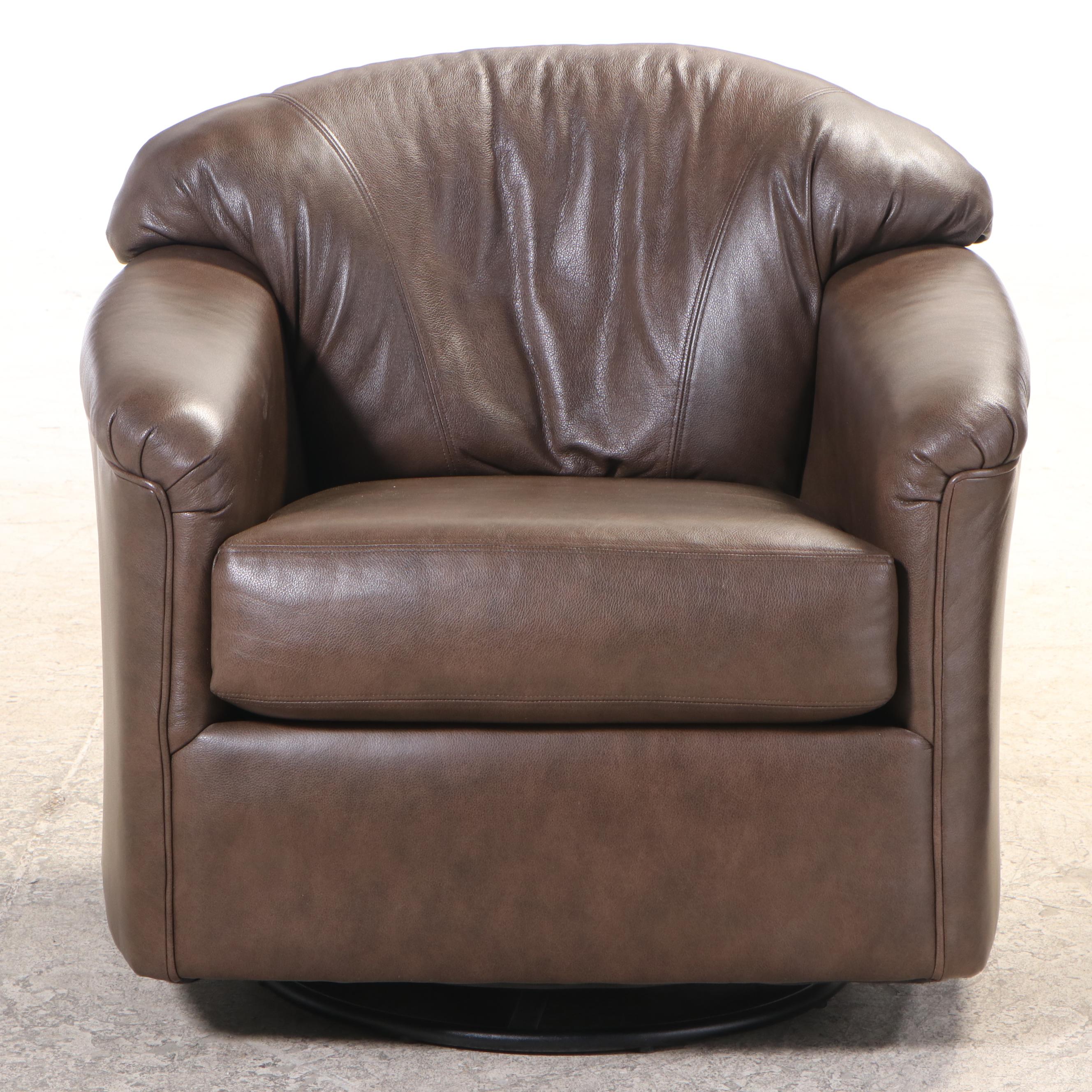 Contemporary Brown Leather Upholstered Swivel Rocker Lounge Chair | EBTH