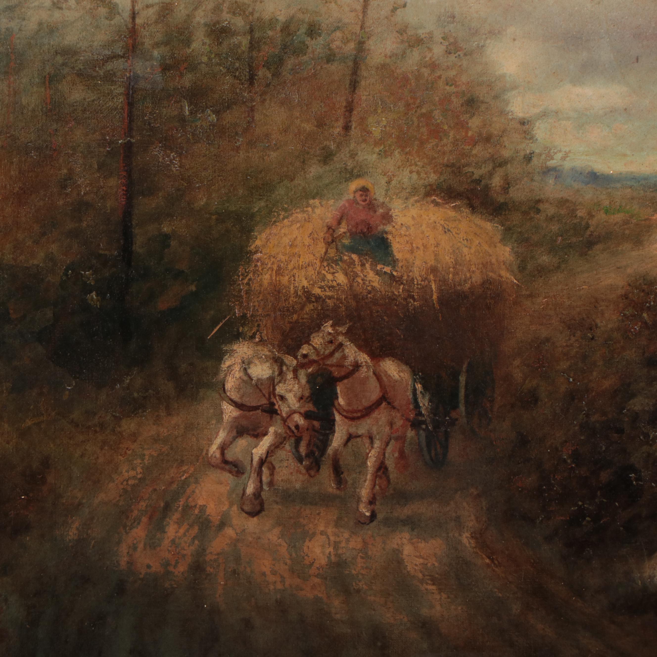 Jacob Bauer Oil Painting of Horse-Drawn Hay Wagon, Late 19th Century | EBTH