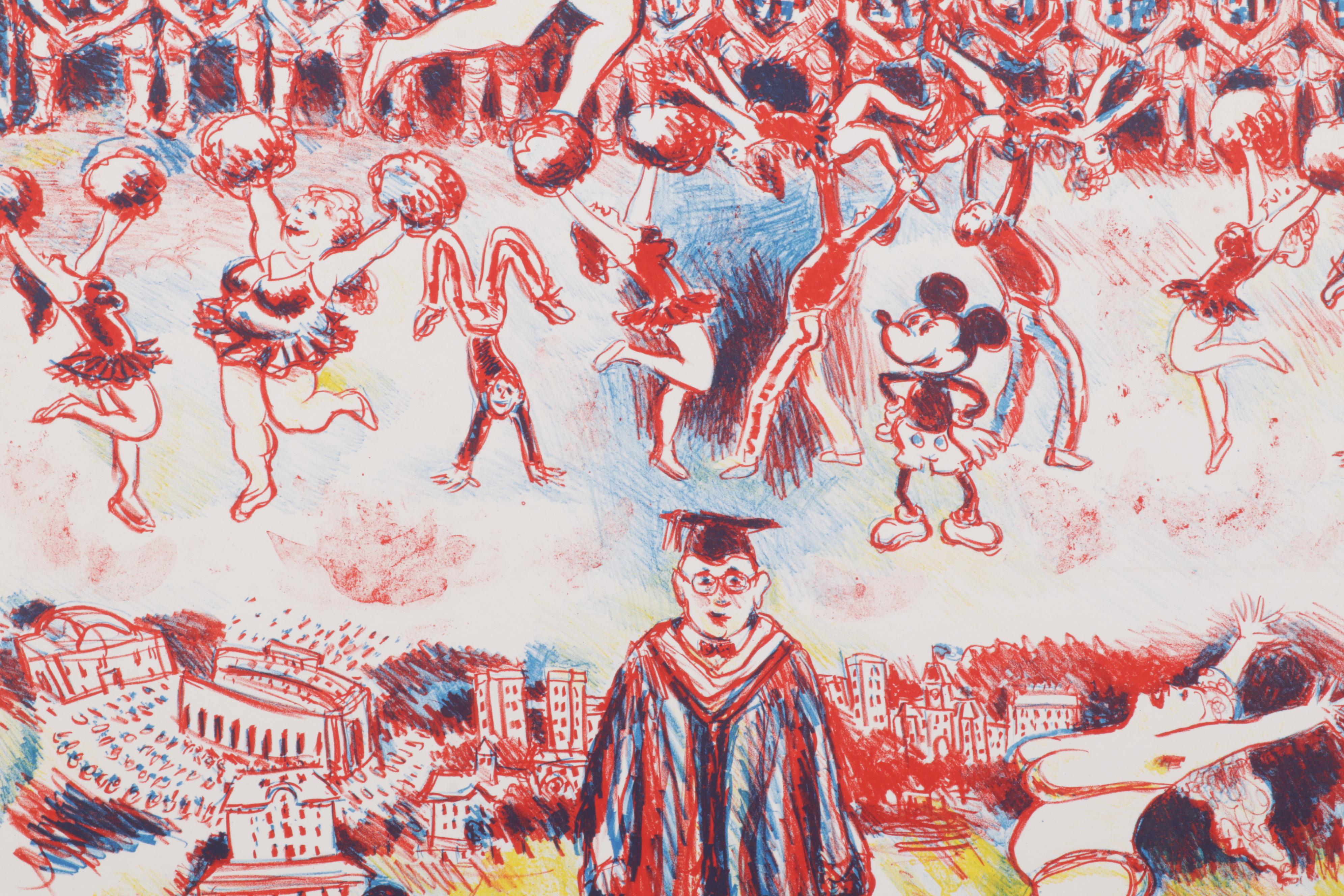 Sidney Chafetz Color Lithograph of Professor, Cheerleaders and Mickey ...