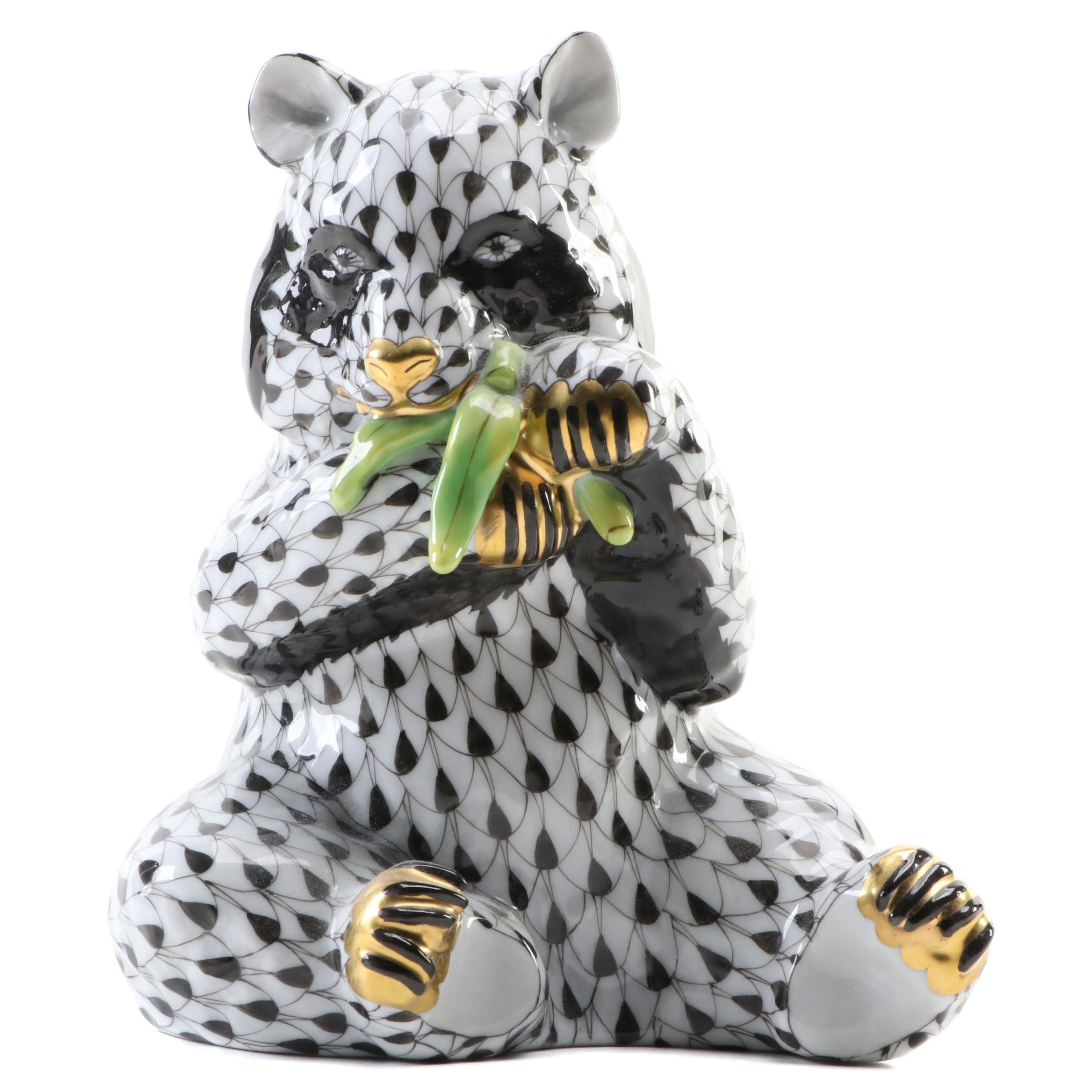 Herend Black Fishnet with Gold "Sitting Panda" Porcelain Figurine, 2000 ...