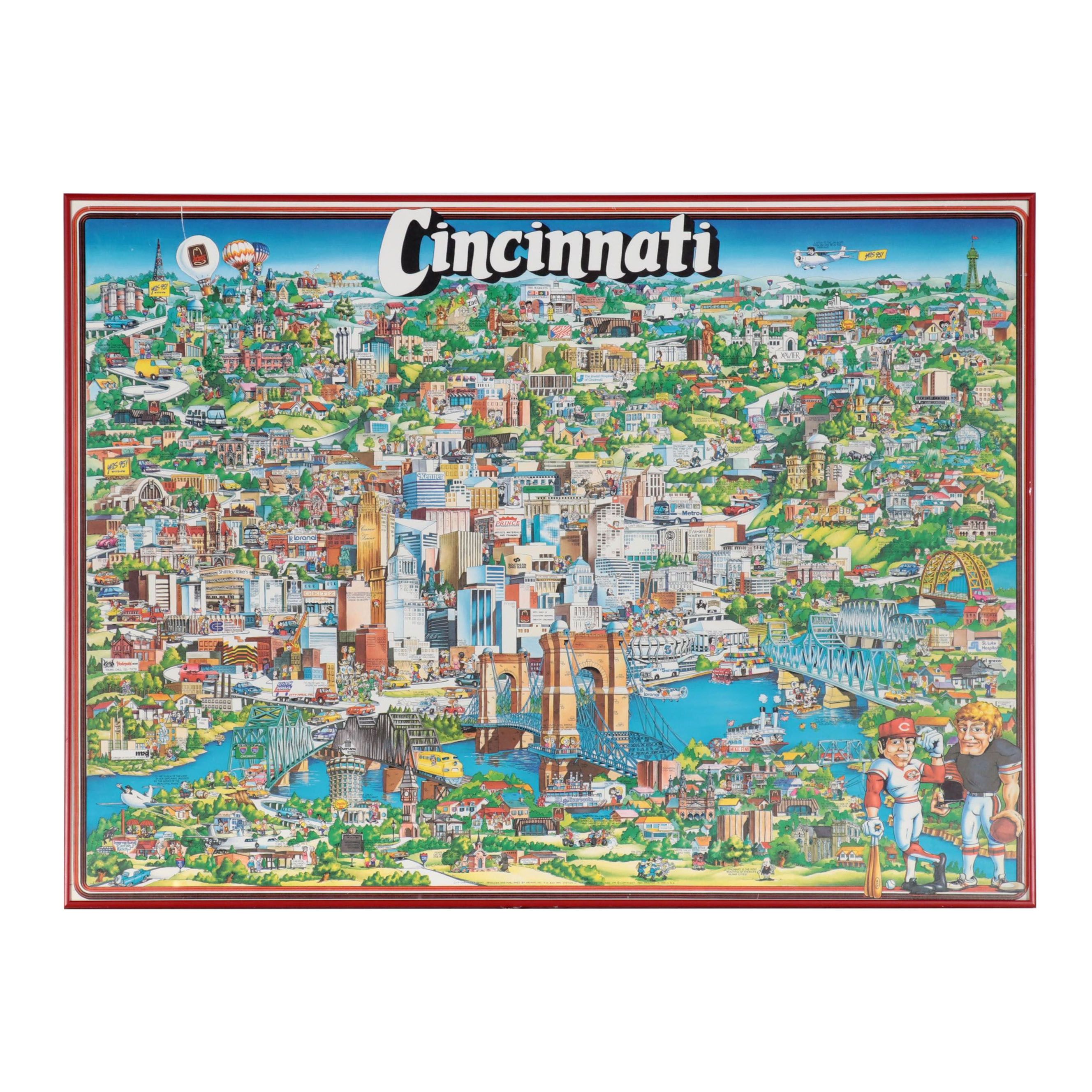 Offset Lithograph Stylized Map "Cincinnati," 1982 | EBTH