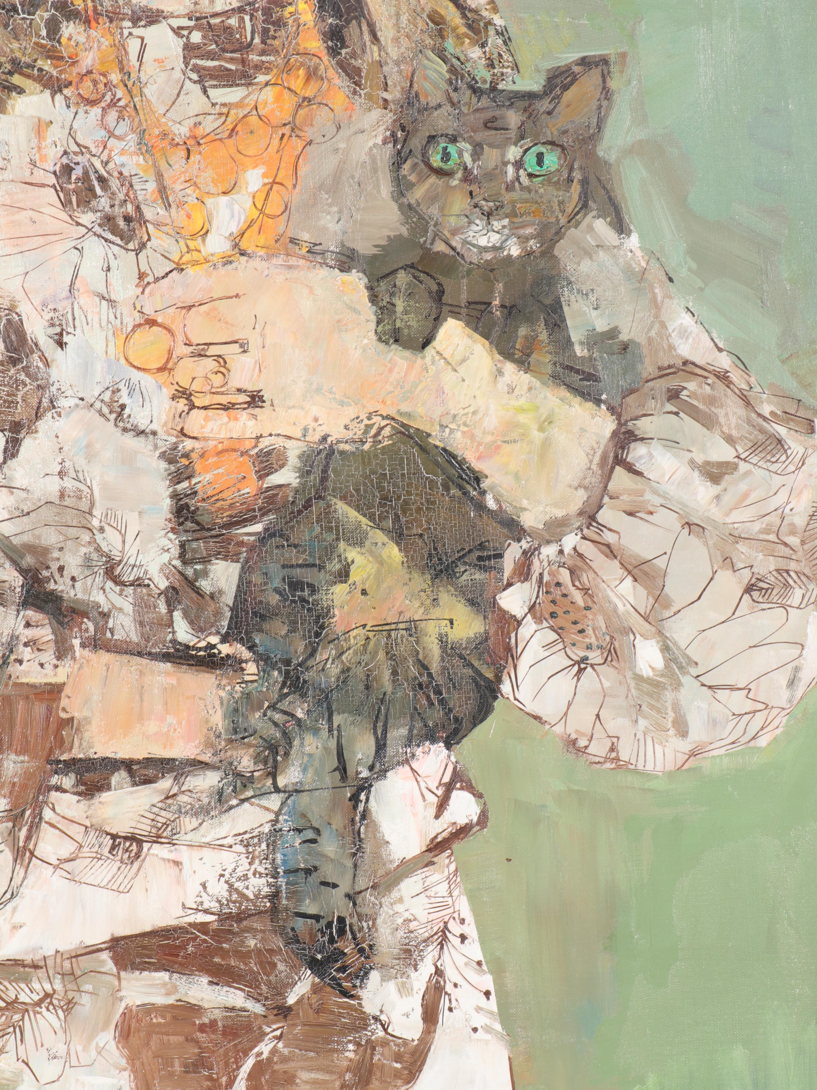 Françoise Adnet Large-Scale Oil Painting "Girl with Cat," Mid-20th ...