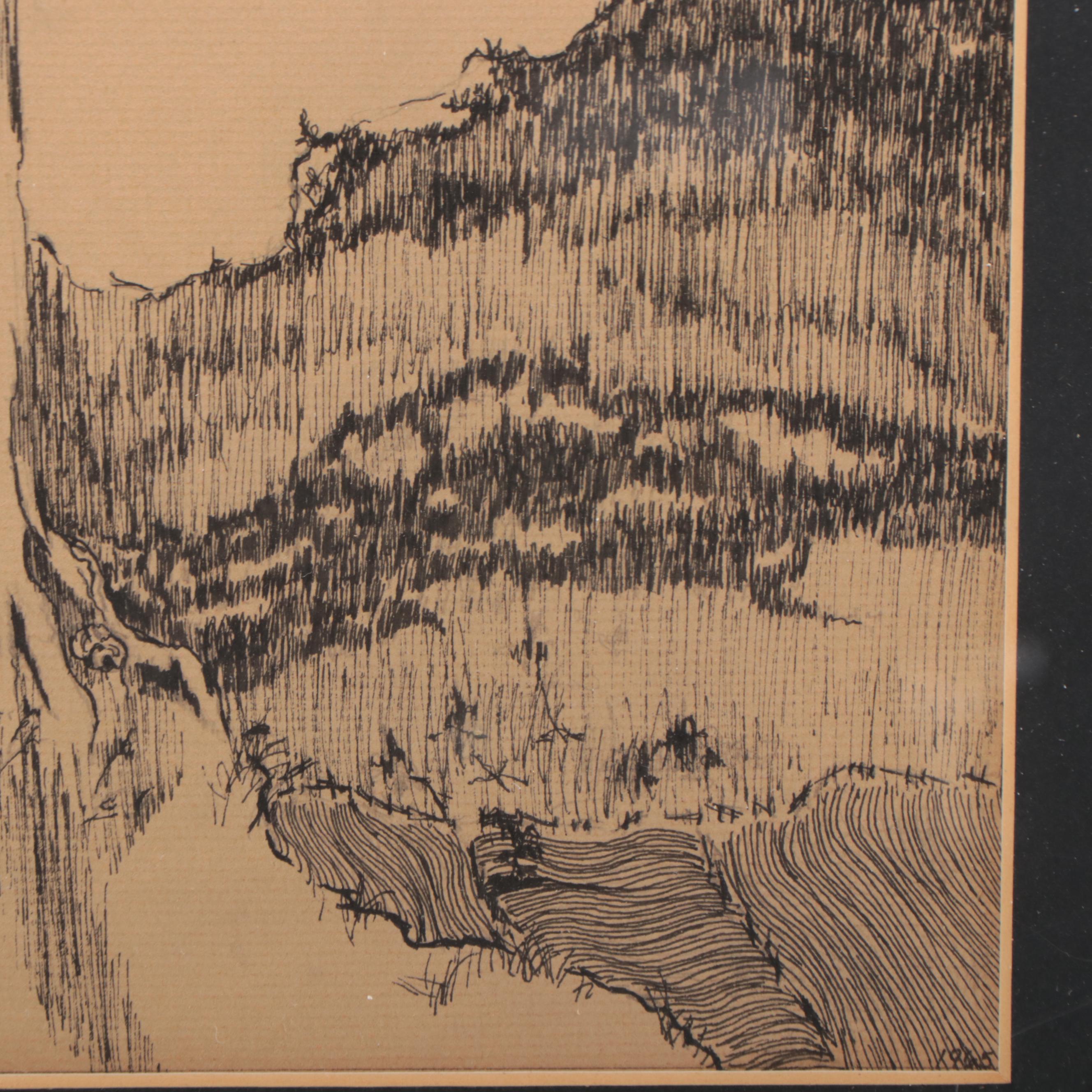 Ona Kay Greene Landscape Ink Drawing, 1965 | EBTH