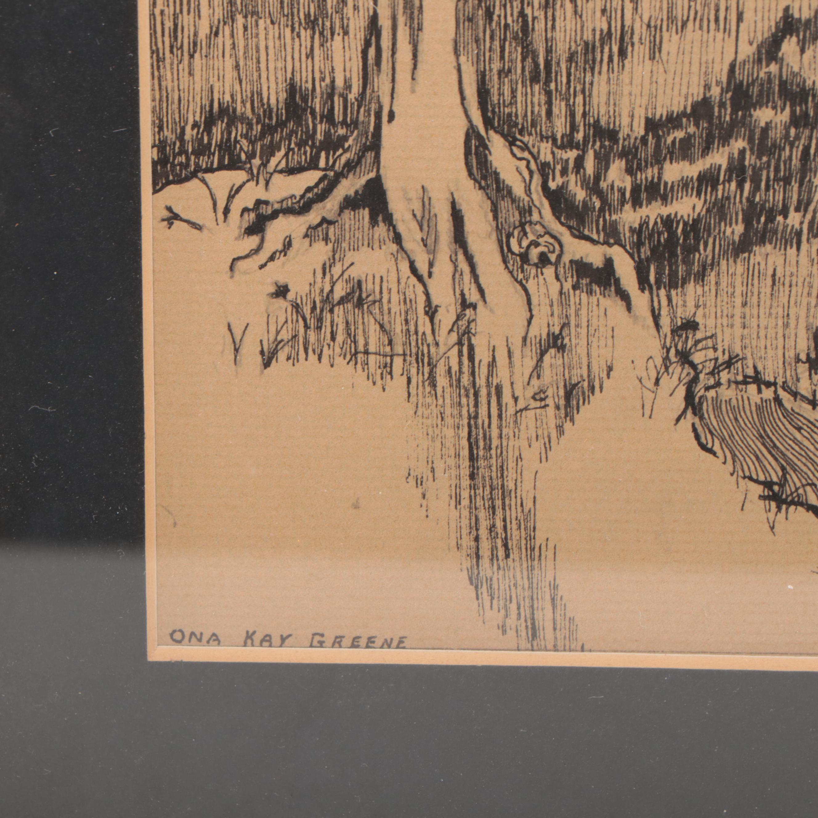 Ona Kay Greene Landscape Ink Drawing, 1965 | EBTH
