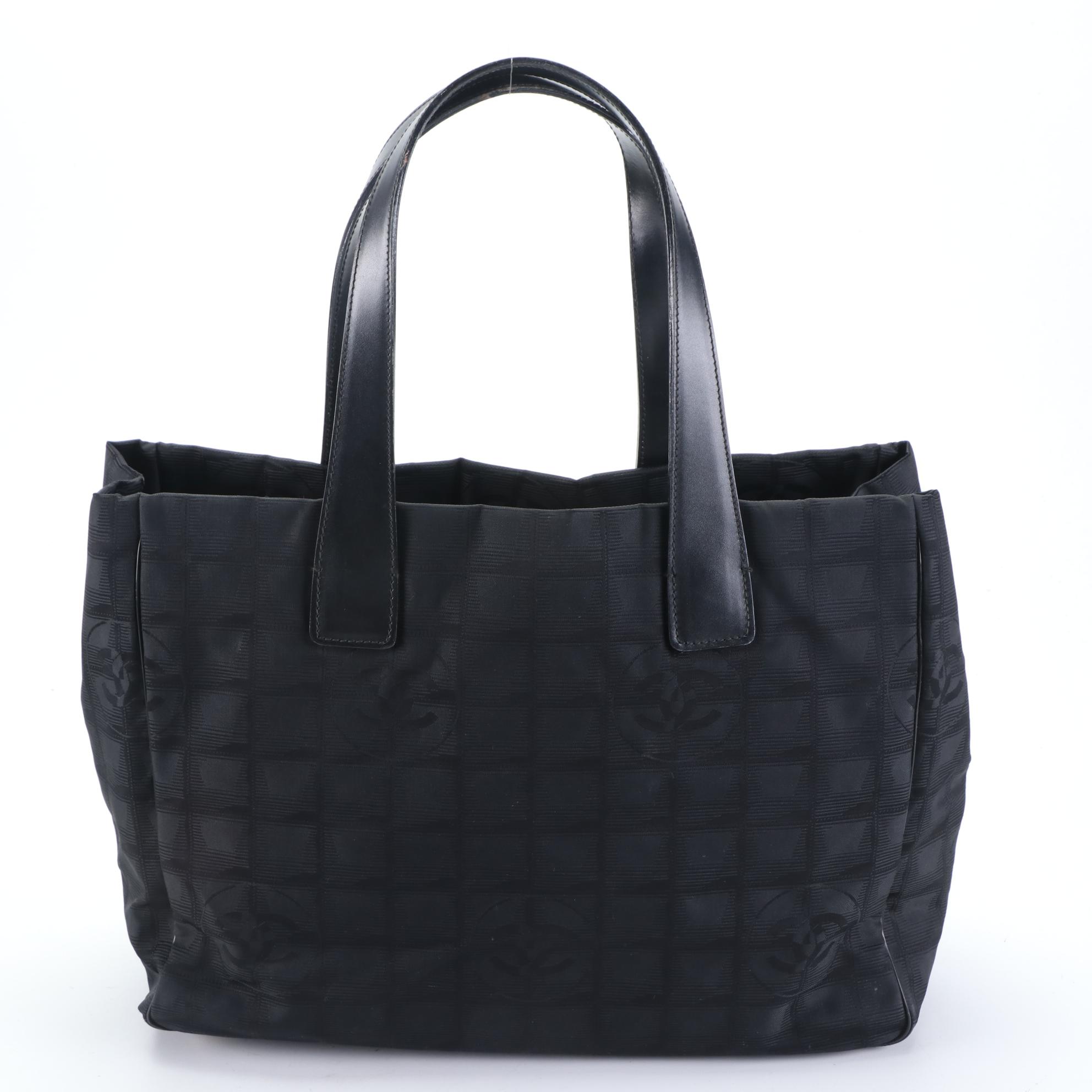 Chanel Travel Line Tote Bag in Black Nylon Jacquard Canvas and Leather ...