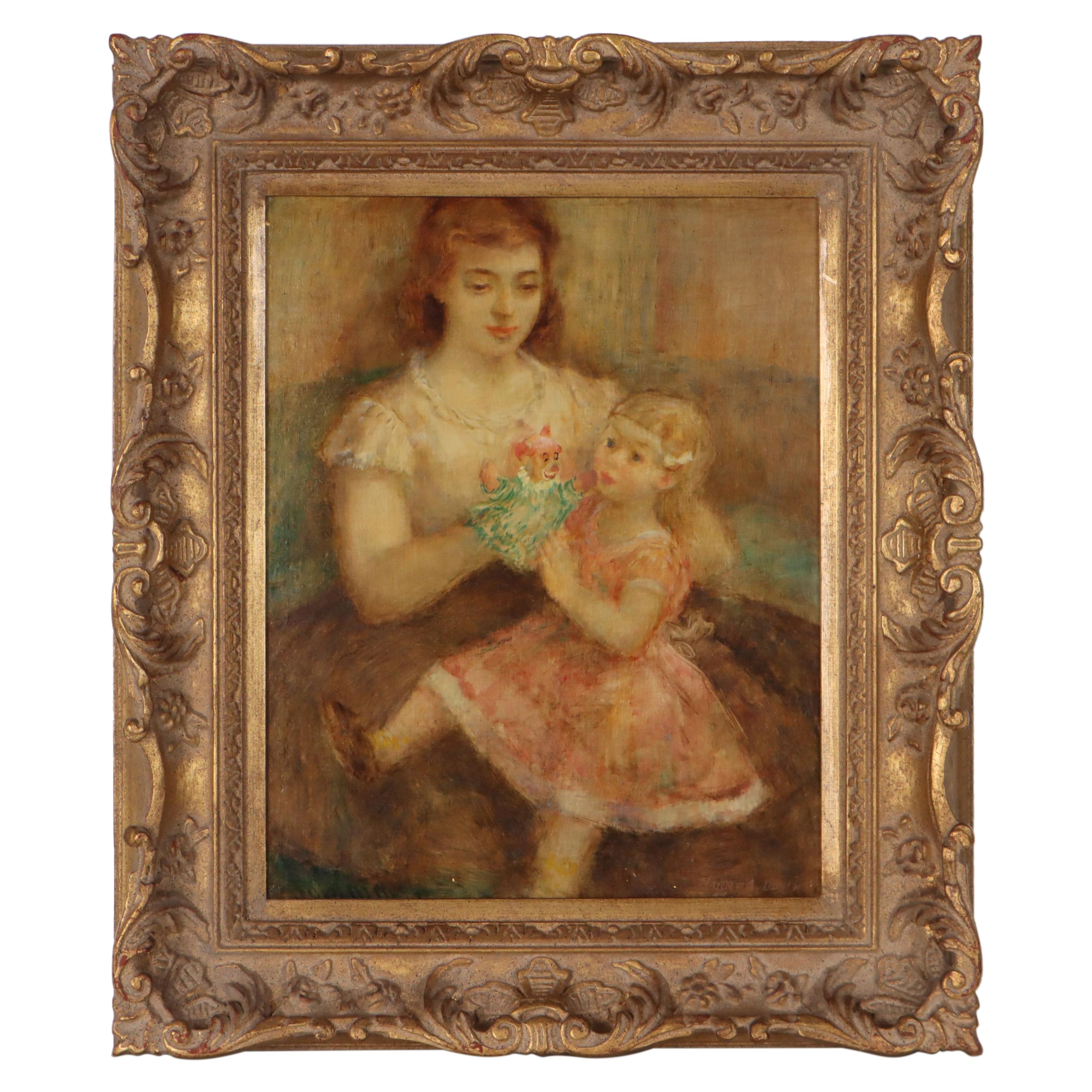 Harry Allen Davis, Jr. Oil Painting "Mother and Daughter With Puppet ...