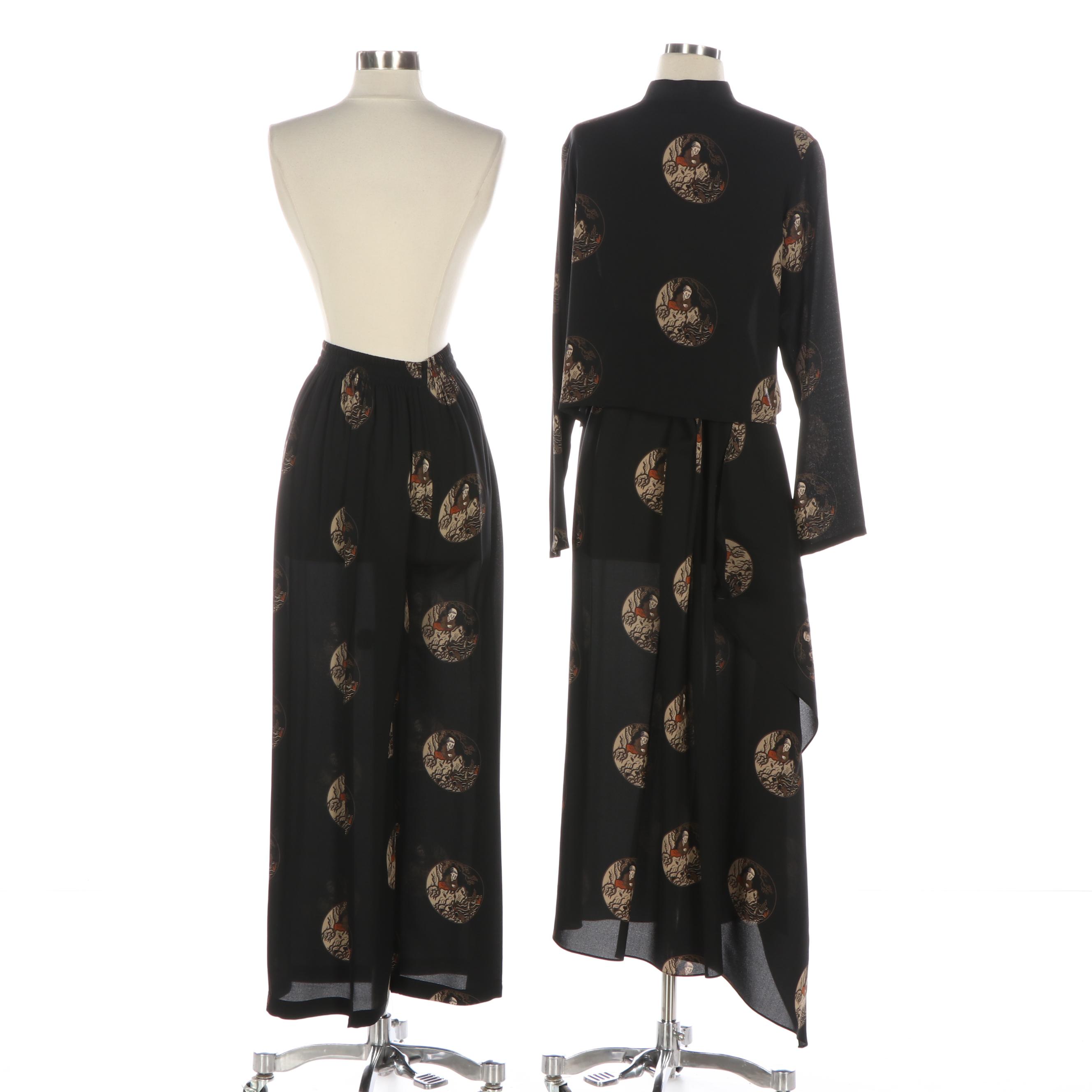 Harari Silk Wrap Skirt, Pants, and Nehru Collar Blouse with Figural ...