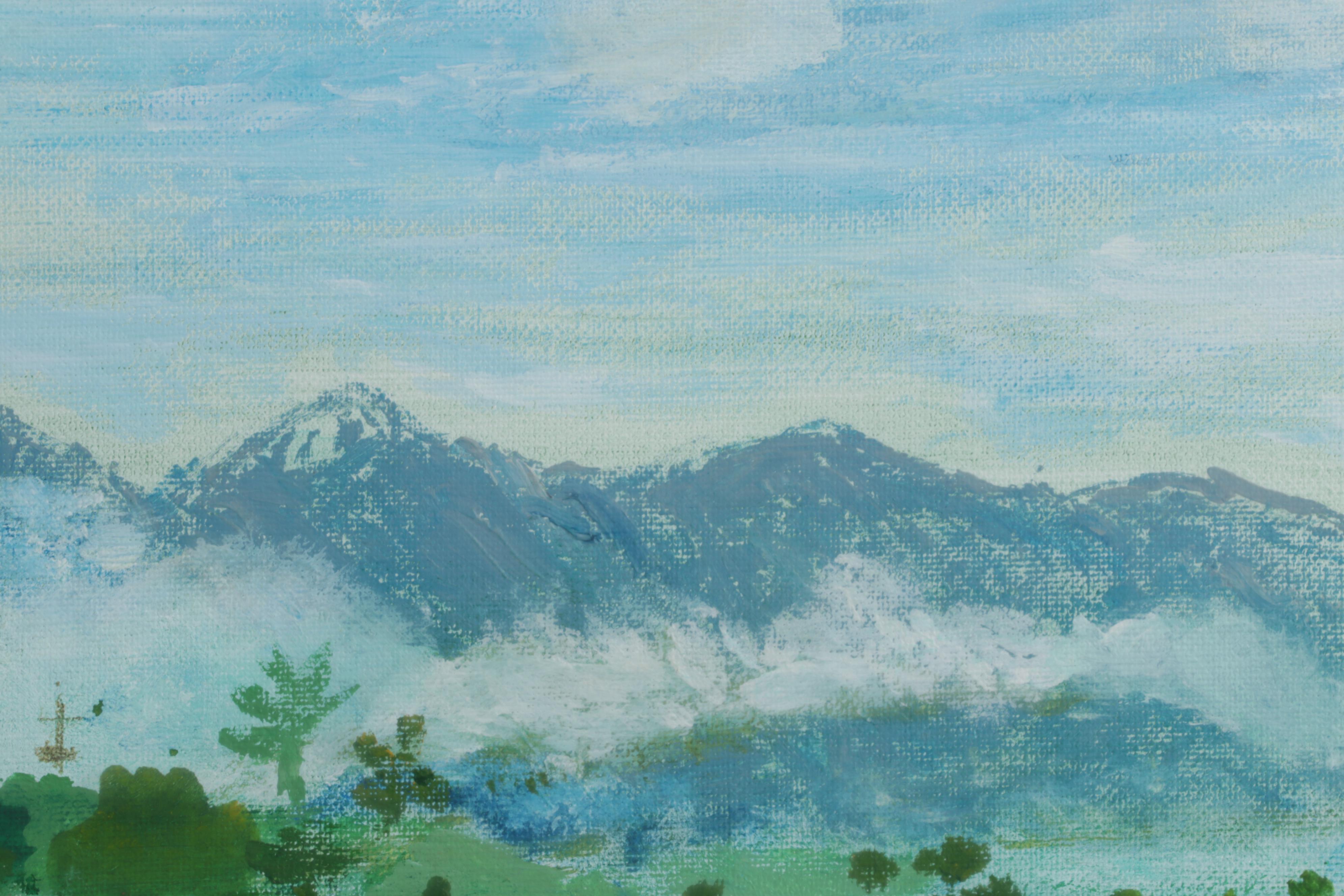 Folk Art Landscape Acrylic Painting of Walking Trail and Distant ...