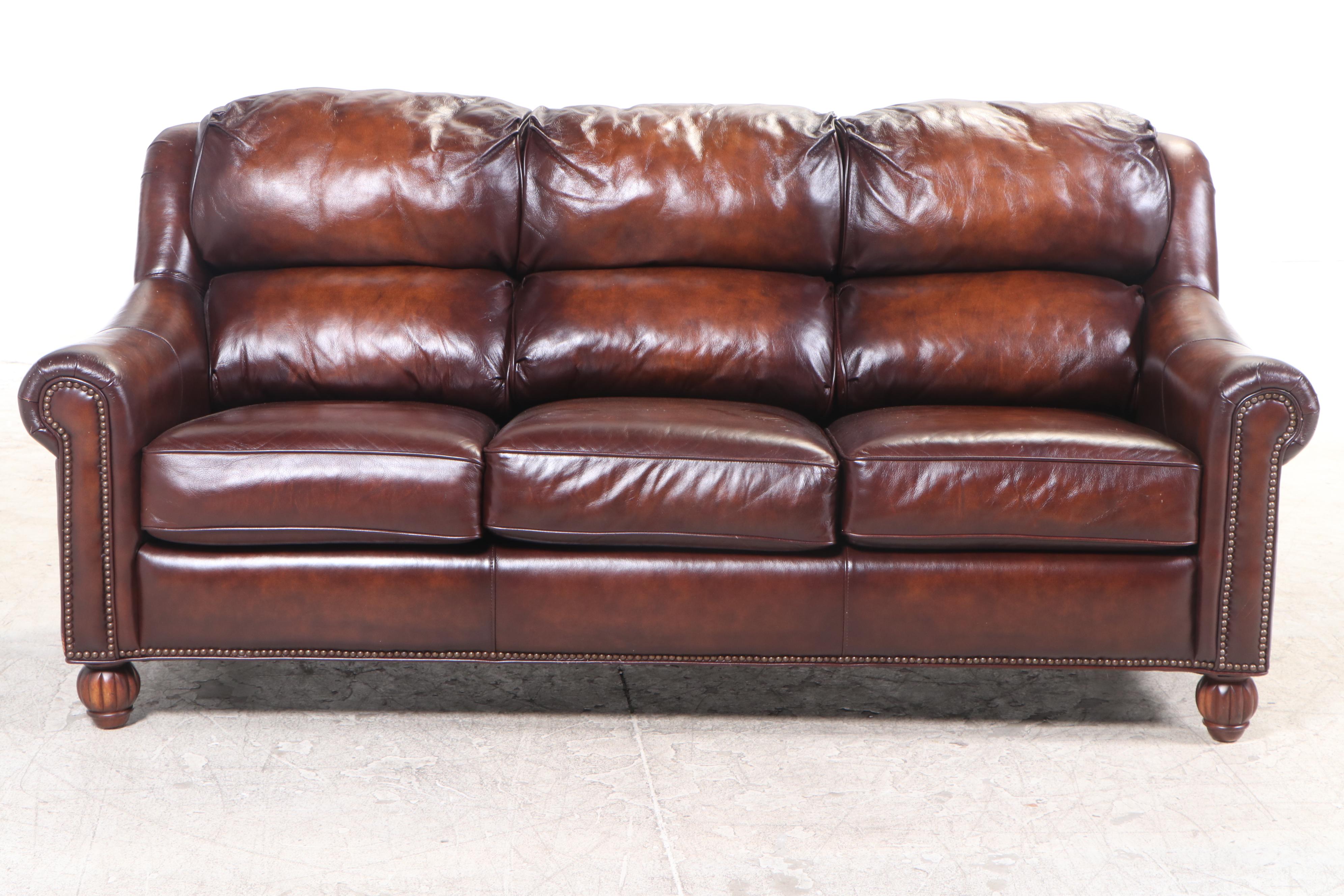 Flexsteel "Lattitudes Collection" Leather Roll-Arm Sofa with Nailhead ...